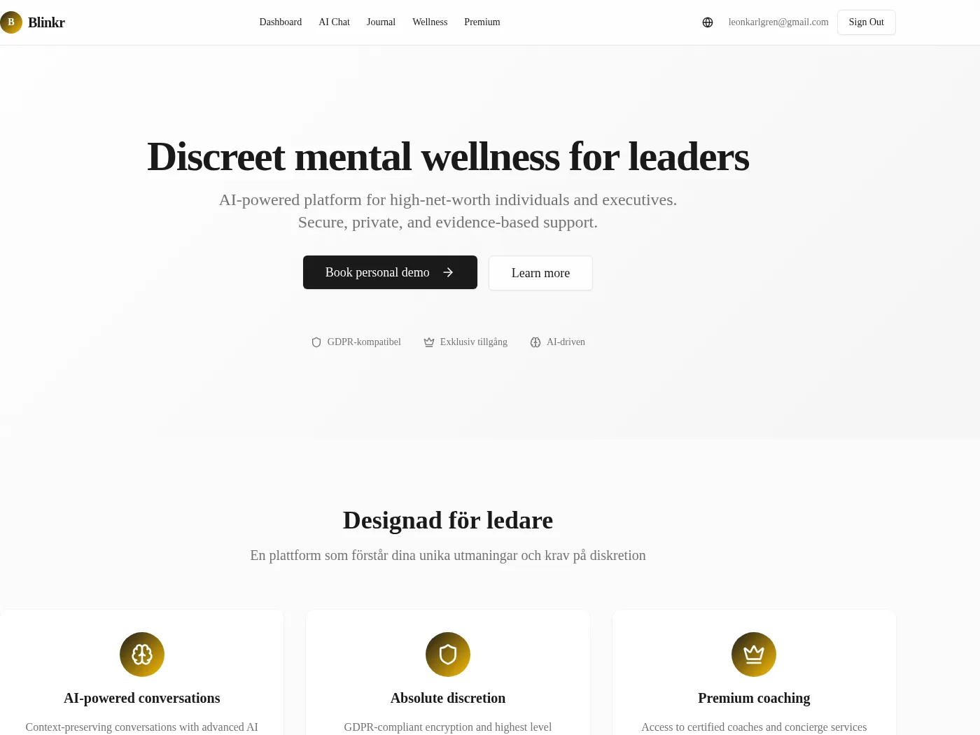 Blinkr: Lyxig AI-baserad Mental Hälsa Plattform för HNW/UHNW & Executives