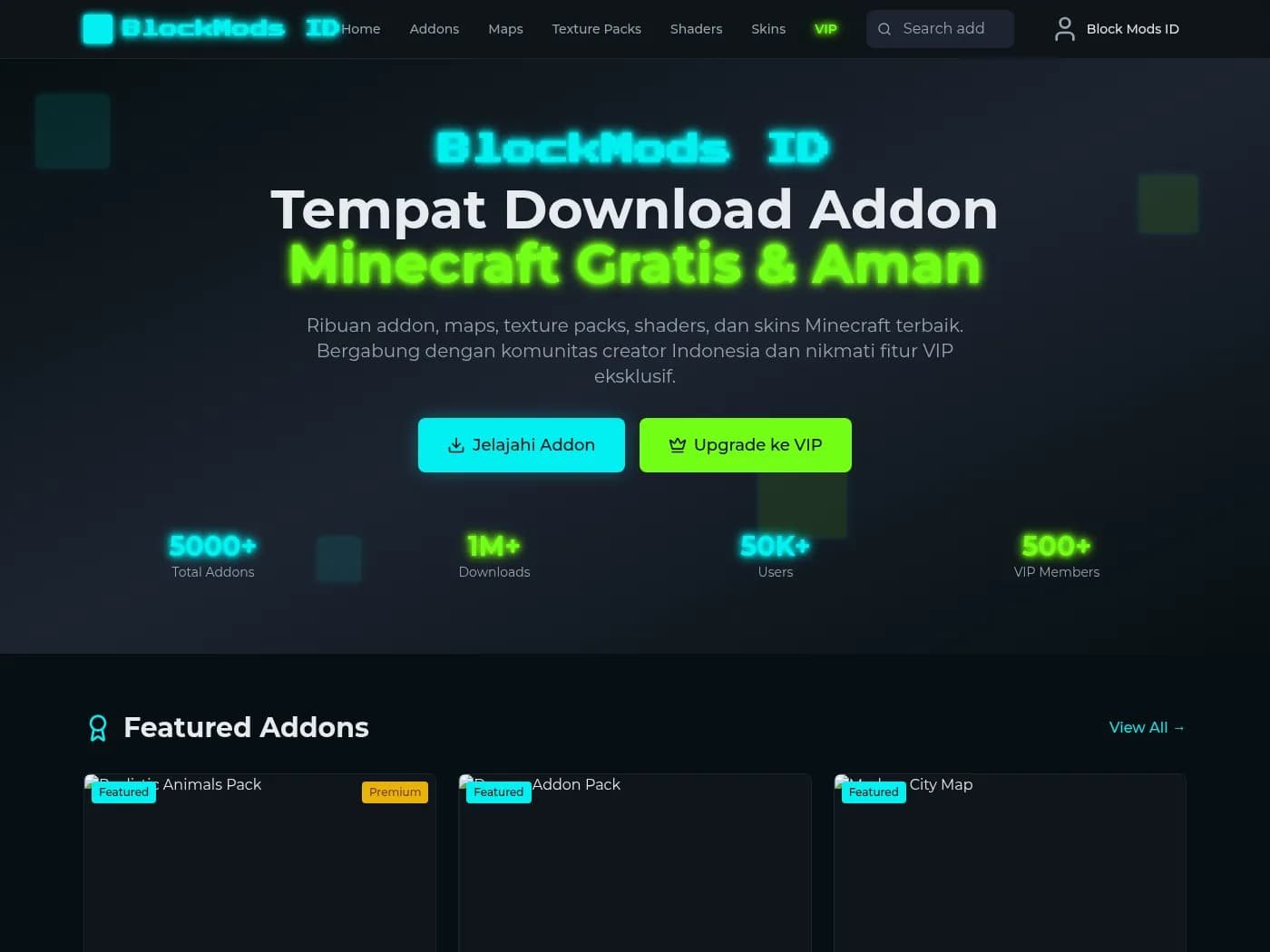 BlockMods ID – The Ultimate Neon Portal for Safe Minecraft Addons, Packs & Community with VIP & Marketplace Features