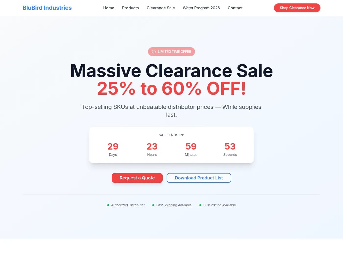 BluBird Industries Clearance Sale Landing Page