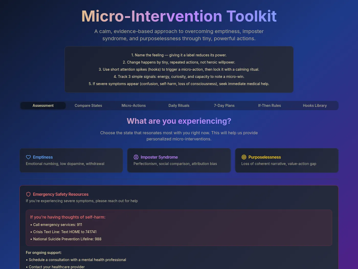 Micro-Intervention Toolkit for Emptiness, Impostor Syndrome, and Purposelessness