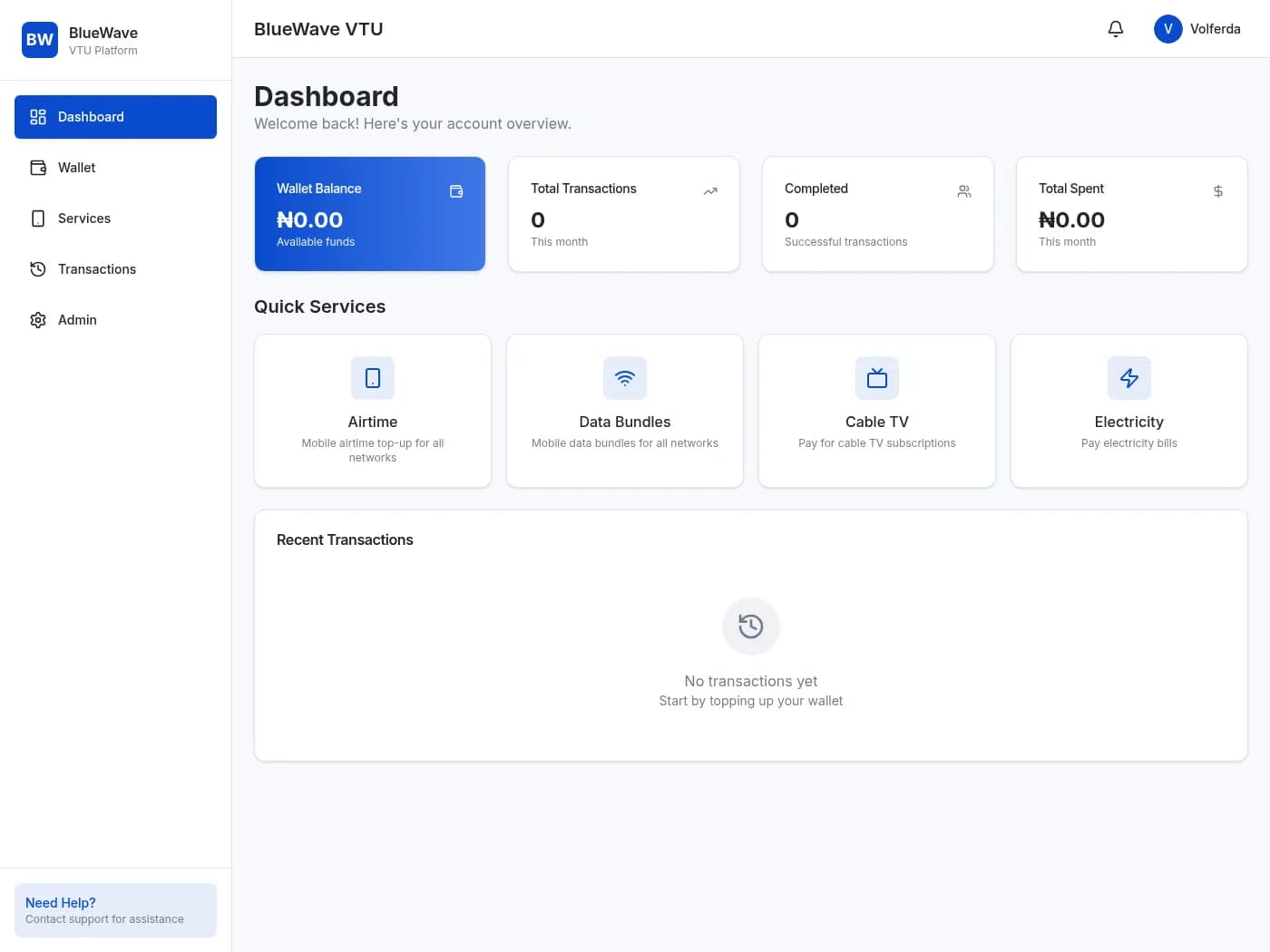 BlueWave VTU: Animated NGN Payment Dashboard