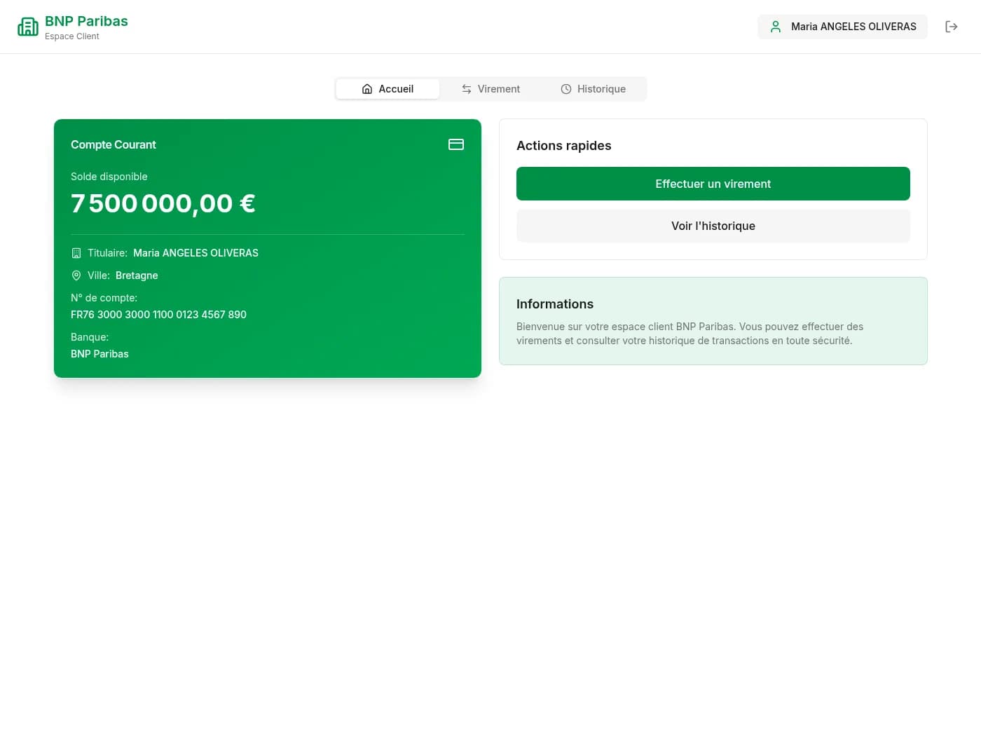 BNP Paribas Espace Client Clone with Transfer and Email Notification