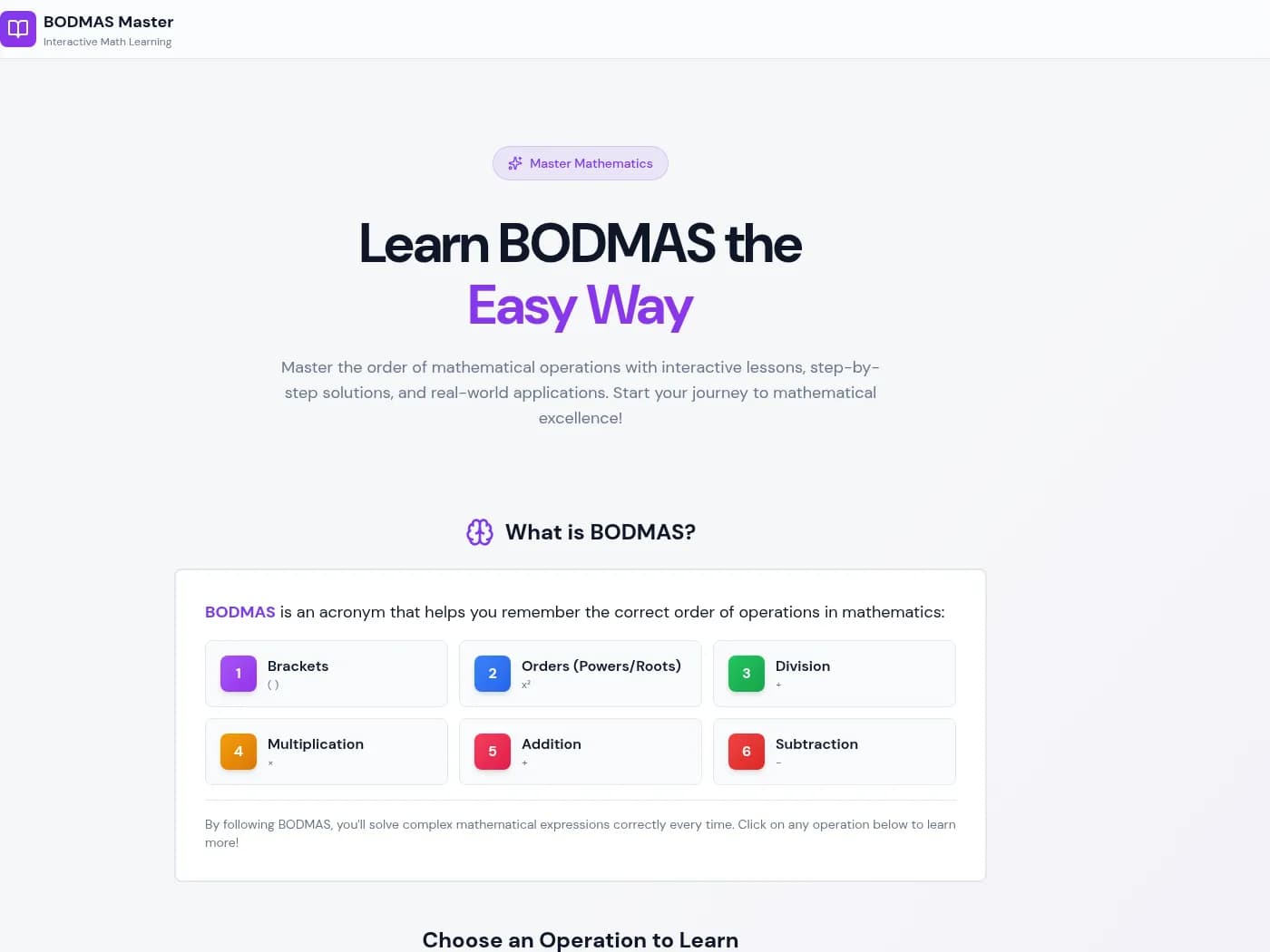 BODMAS Interactive Learning App