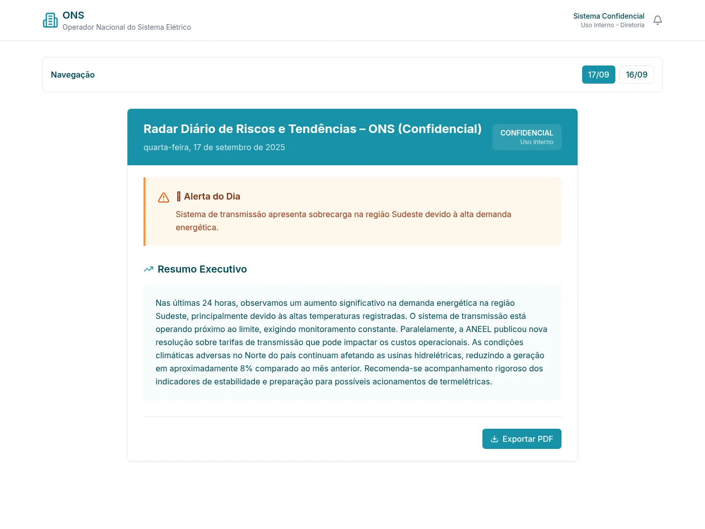 Sistema de Boletim Interno Confidencial ONS (Radar Diário de Riscos e Tendências)