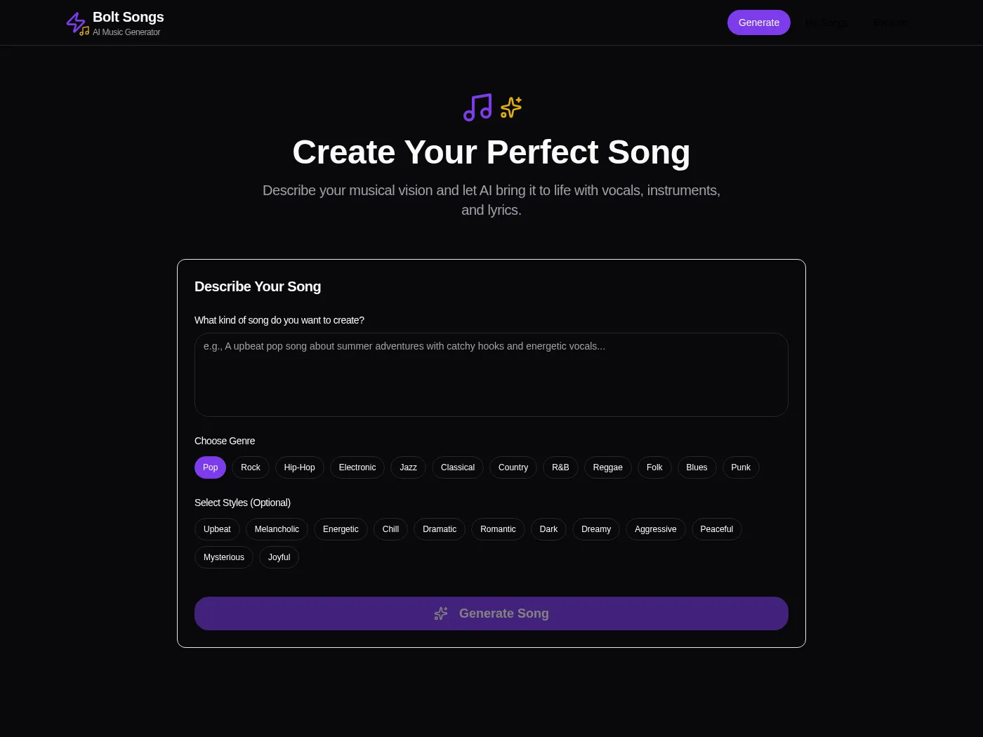 Bolt Songs: AI-Powered Unlimited Music Generator
