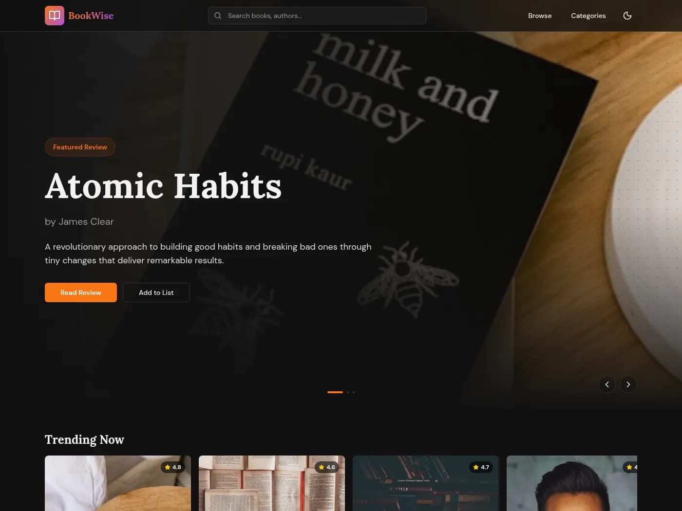 Book Review & Summary Hub with Netflix-like Main Page