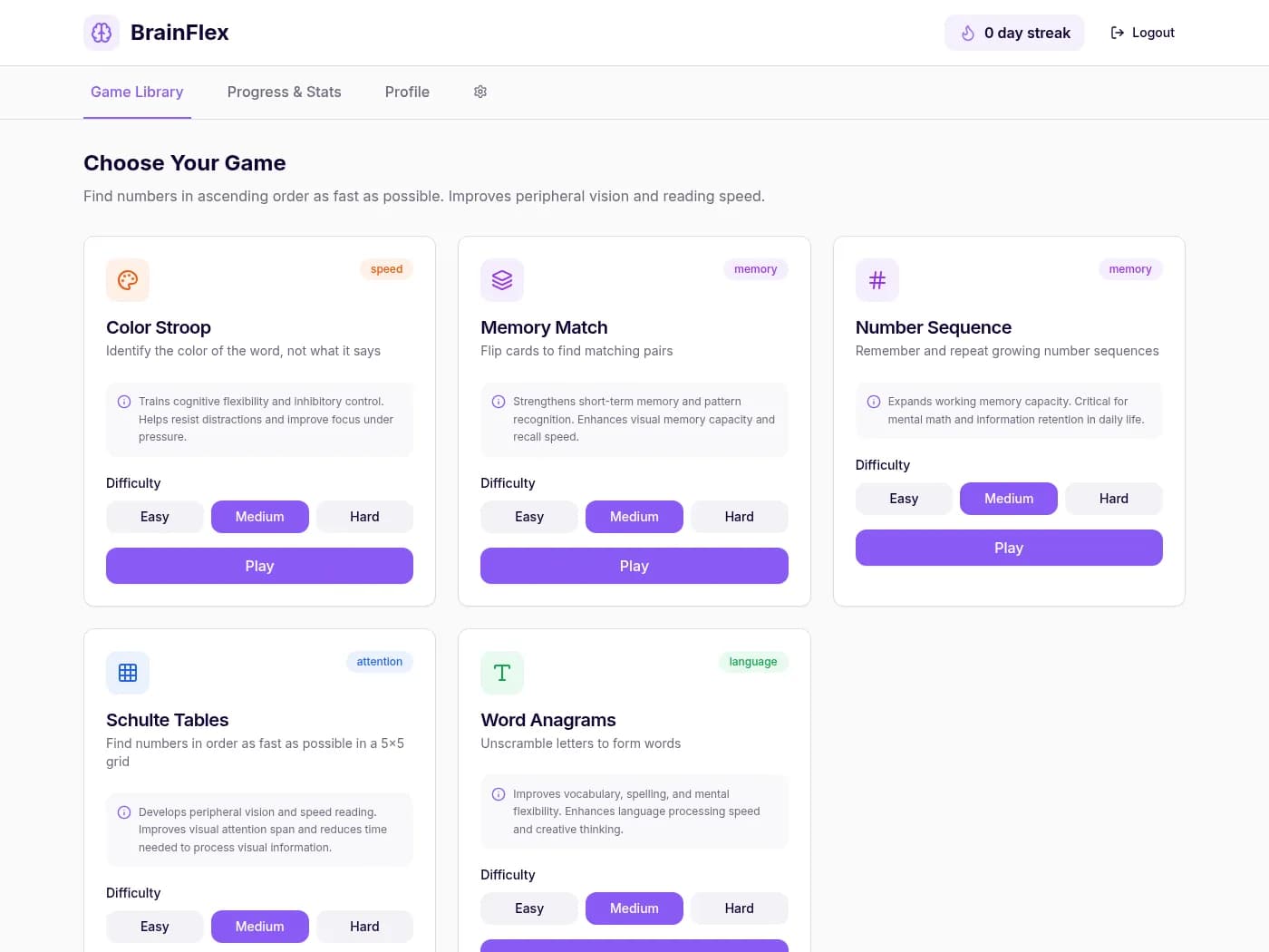 BrainFlex — Минималистичный тренажер для развития интеллекта с прогрессией и научной мотивацией