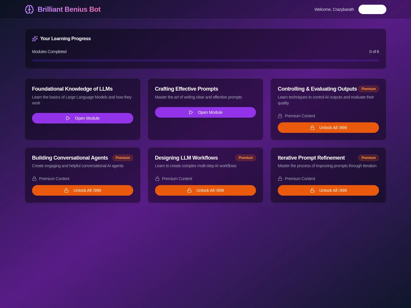 Brilliant Benius Bot: Interactive LLM Prompt Engineering Course