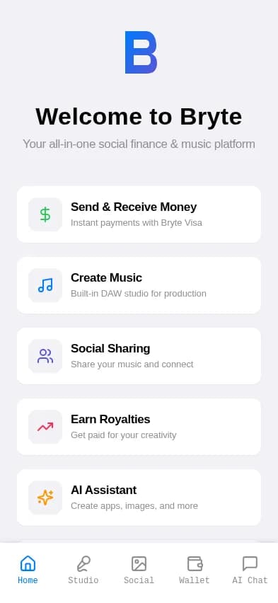 Bryte: All-in-One Social Finance & Music App with AI Studio and Rewards