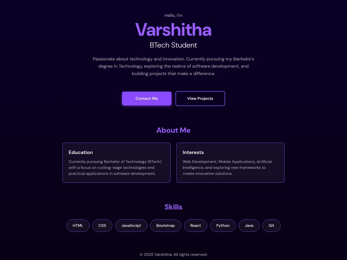 Varshitha's BTech Student Portfolio with Gradient & Custom Cursor