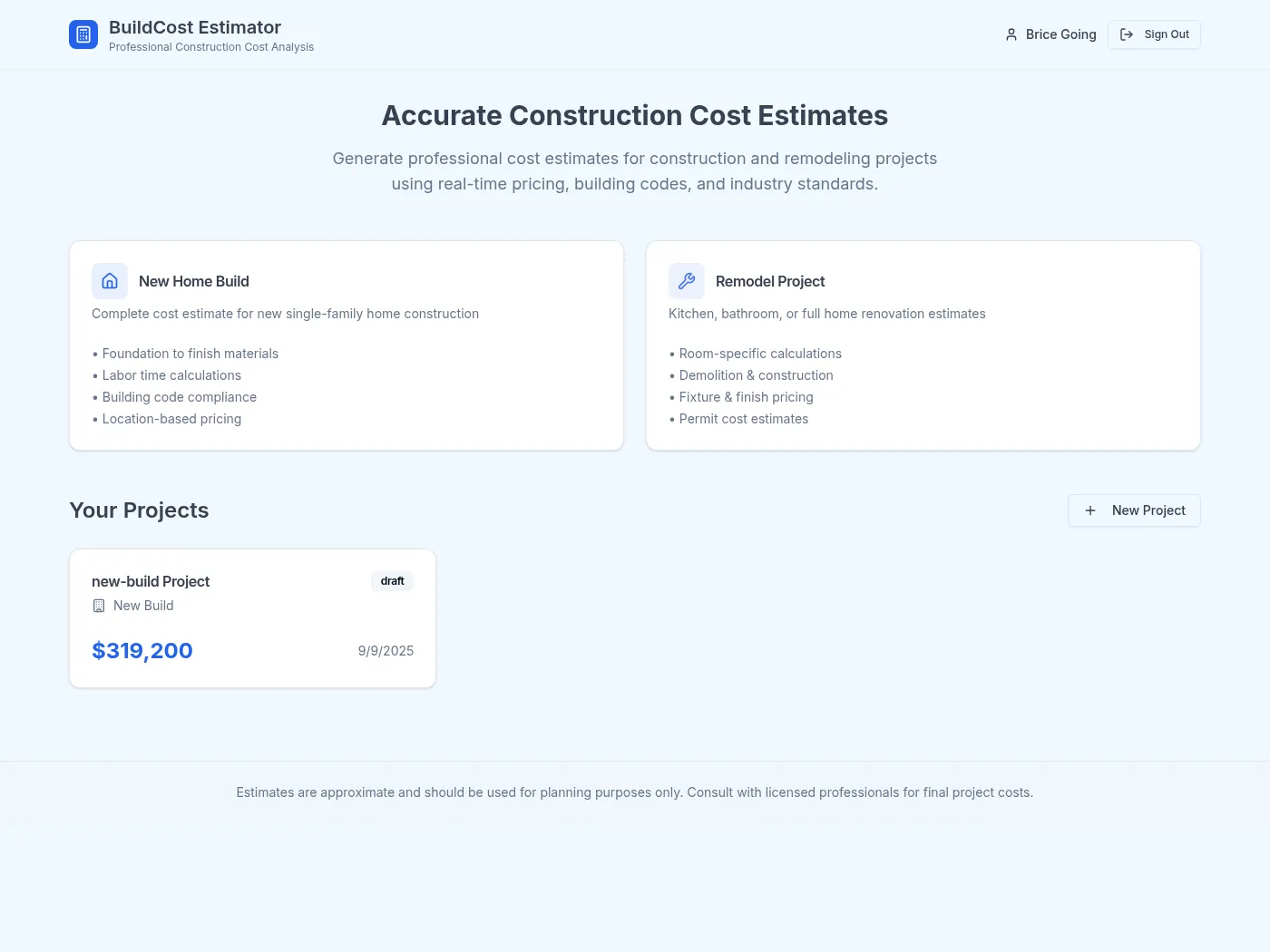 BuildCost Estimator: Comprehensive Web App for Construction Cost Estimation Using Real-Time Pricing & Building Codes