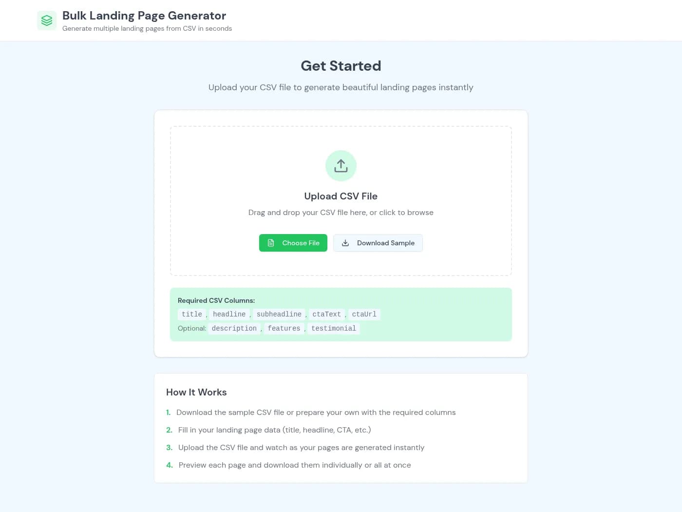 Bulk Landing Page Generator via CSV Upload