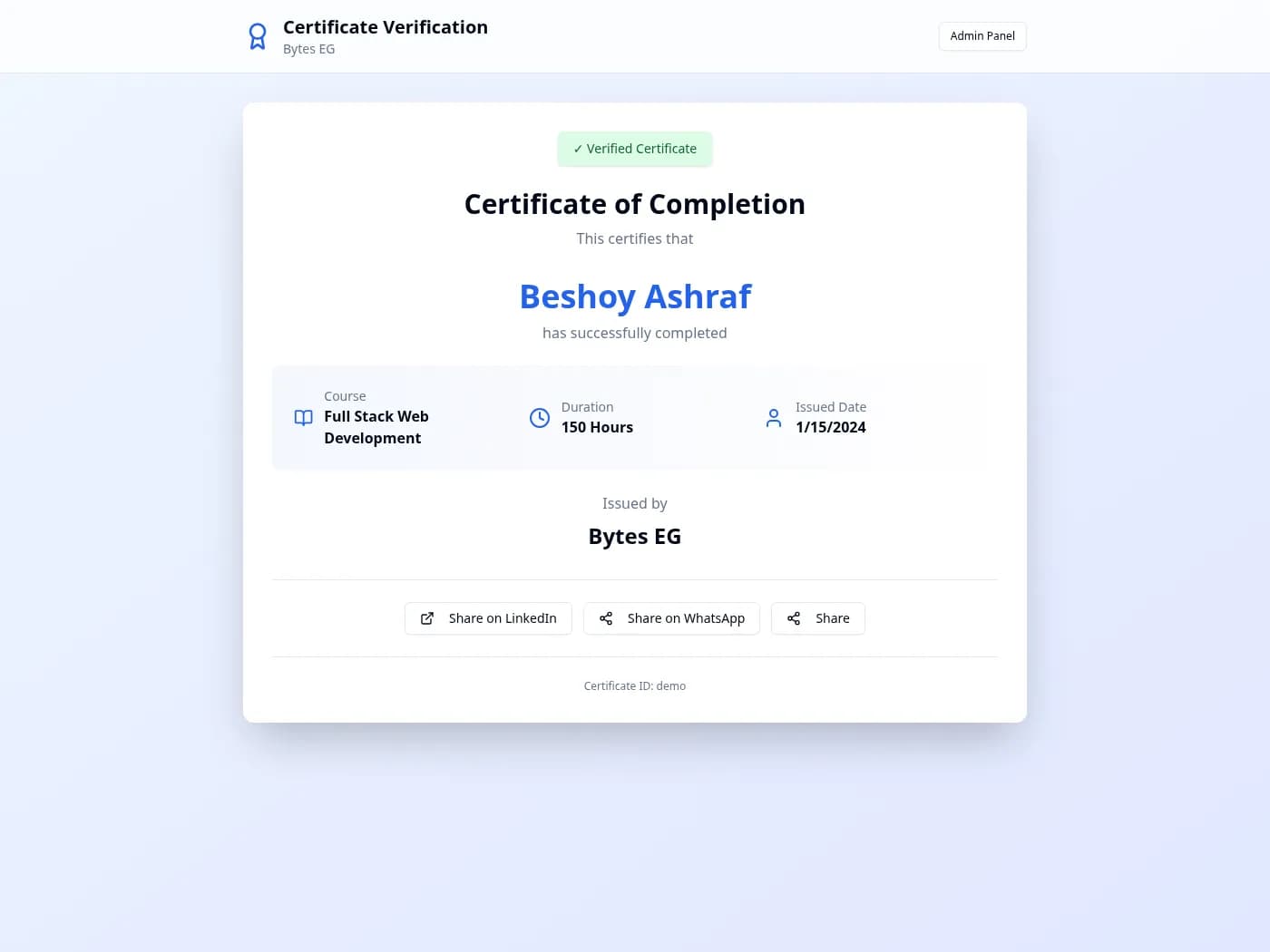 BytesEG Certificate Verification & Sharing Platform