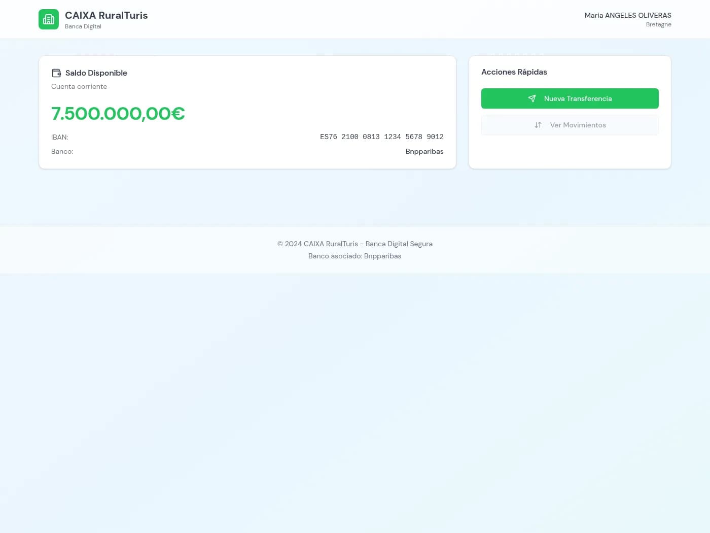 CAIXA RuralTuris Client Banking Portal with Transfer Notifications