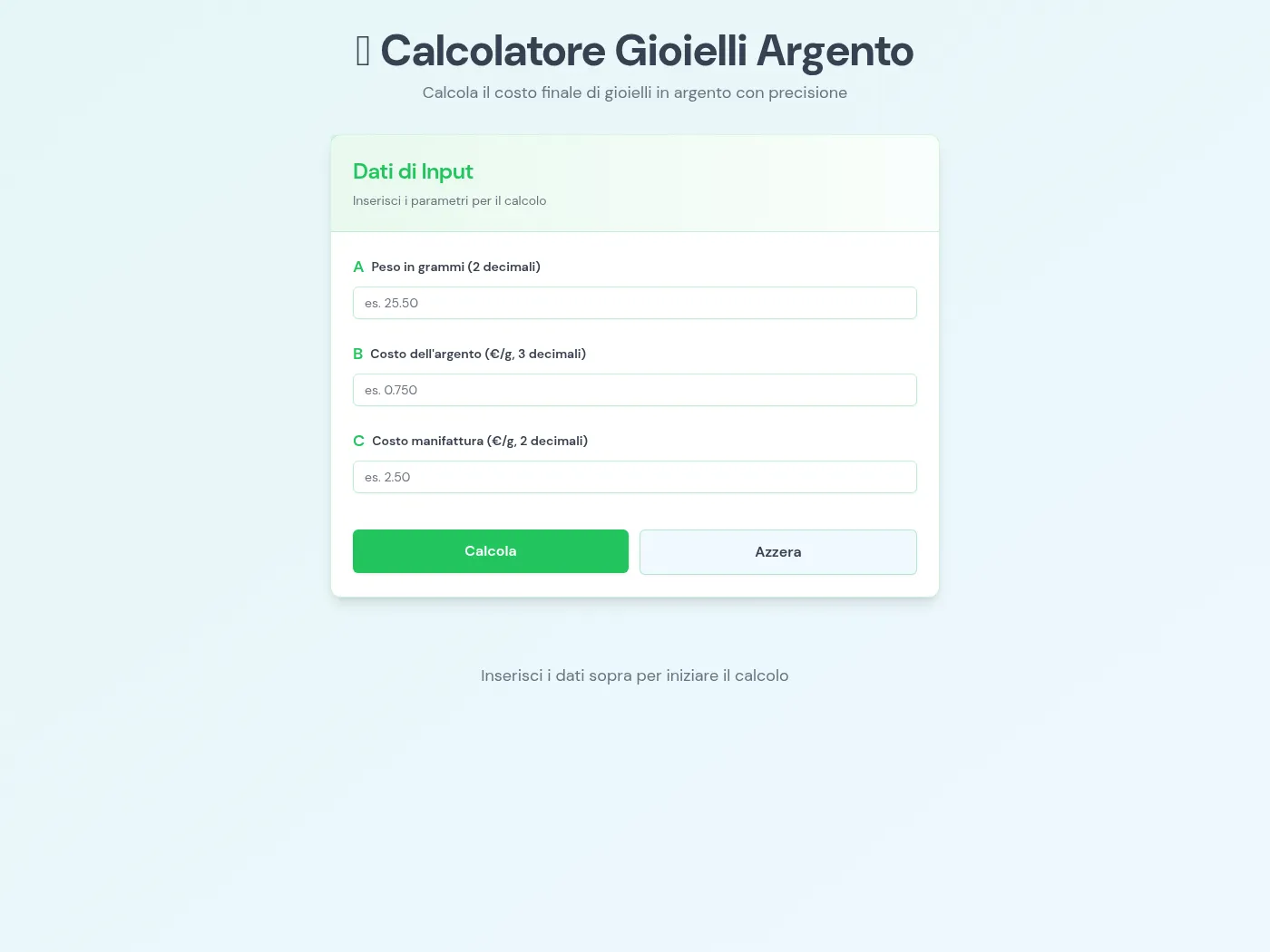 Calcolatore per il Costo di Gioielli in Argento