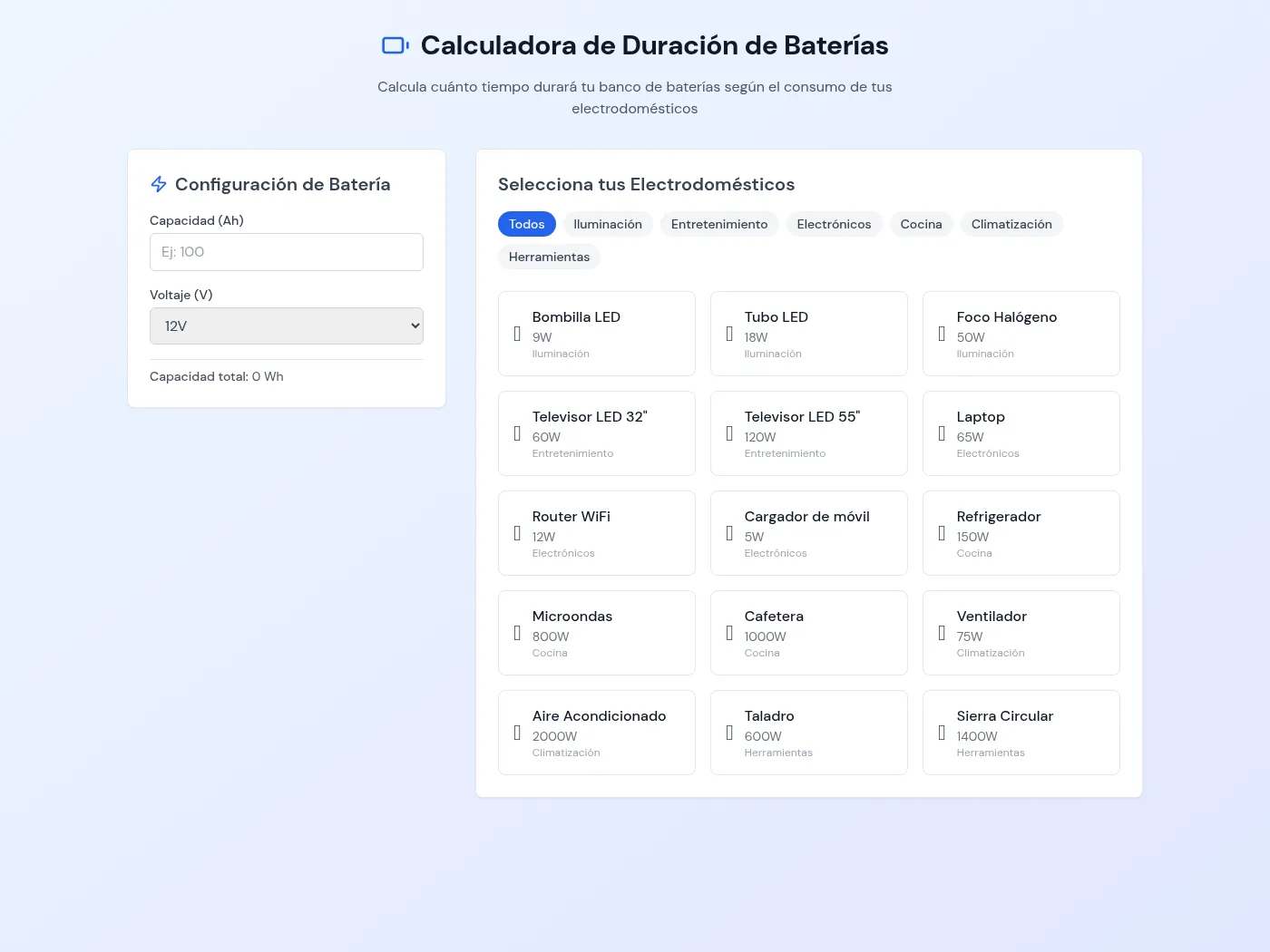 Calculadora de duración de banco de baterías según consumo de electrodomésticos