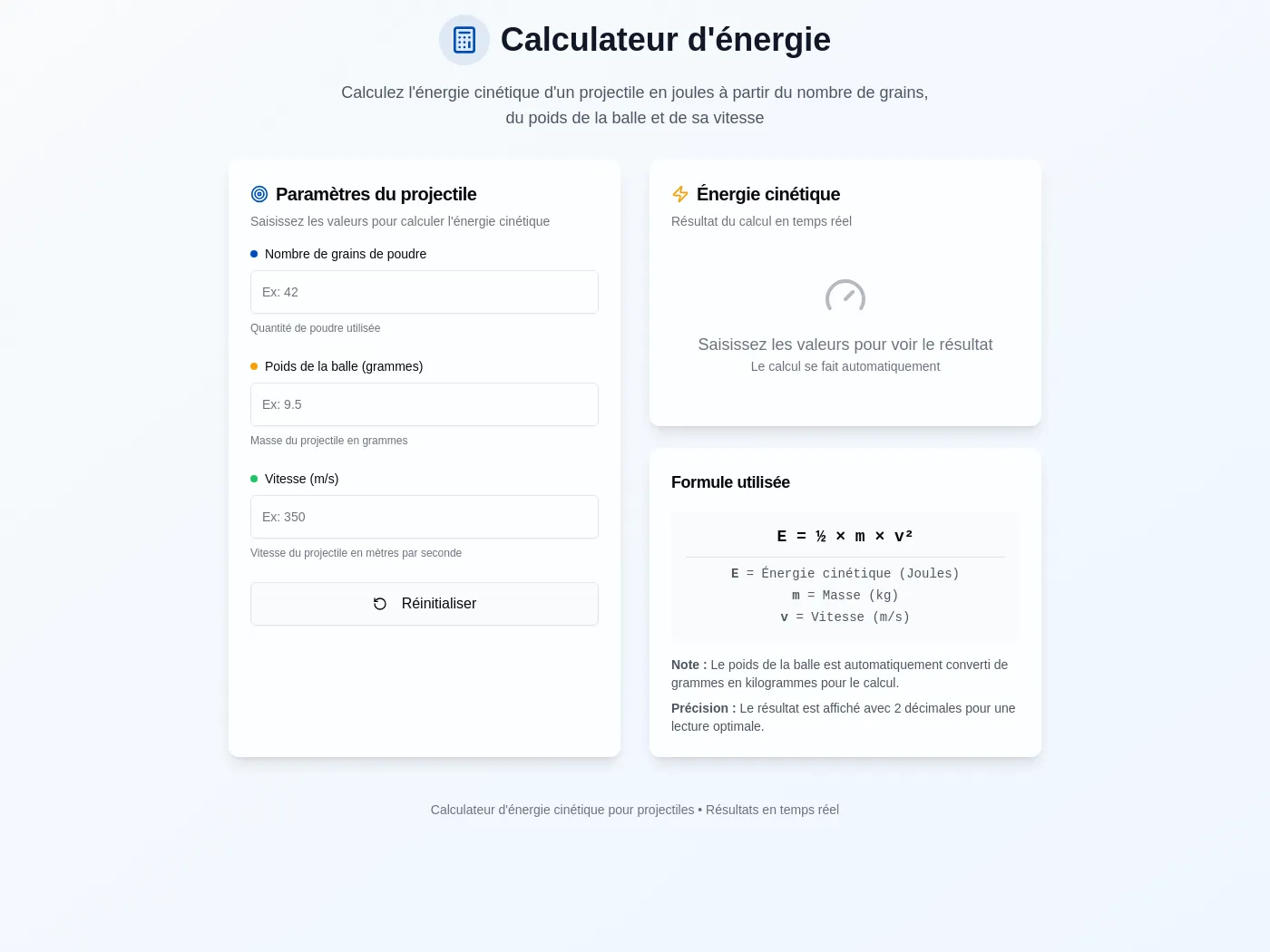 Calculateur d'énergie en joules pour projectiles