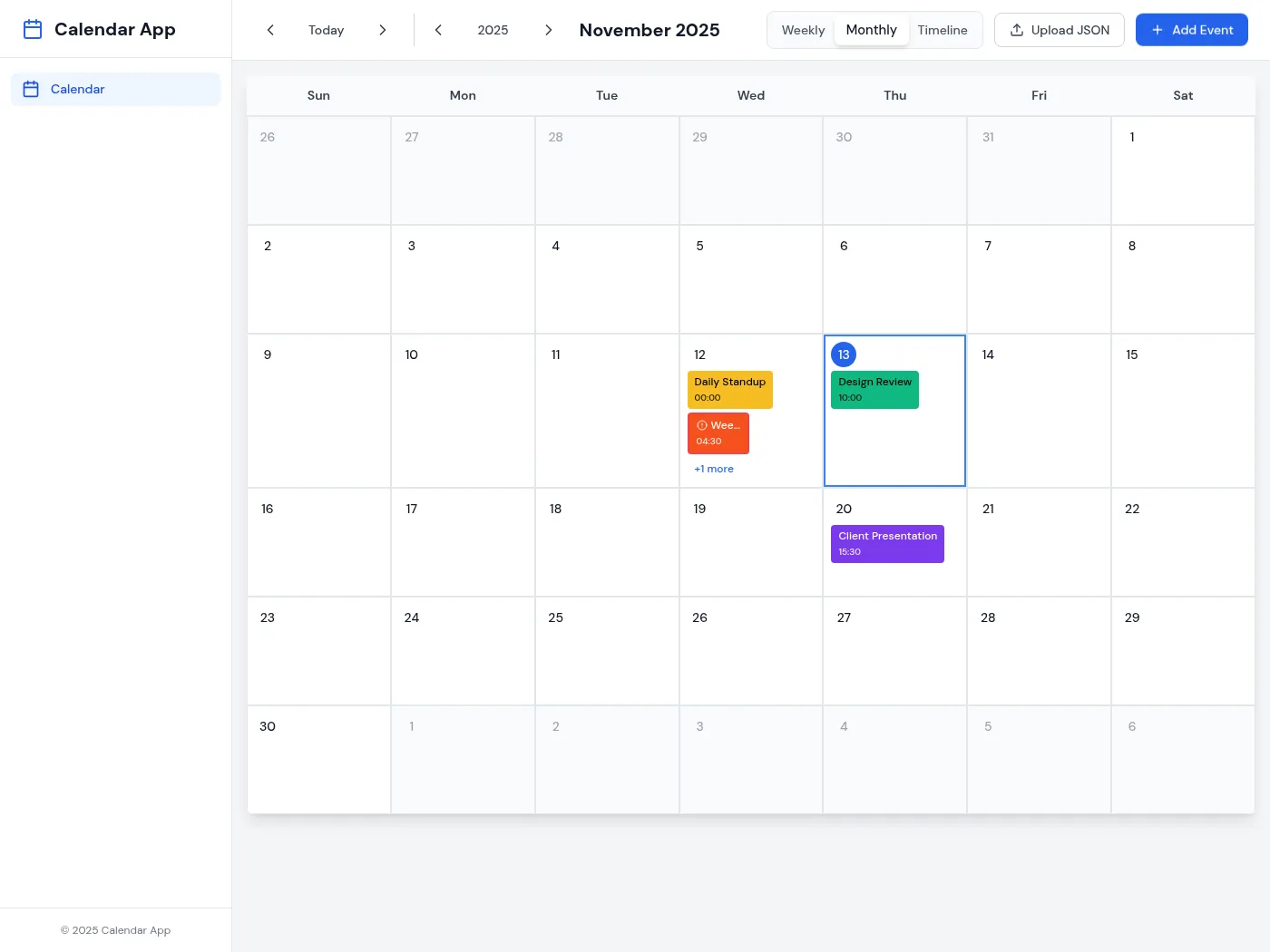 Accessible Monthly Calendar Web App with Event Conflict Handling and JSON Import