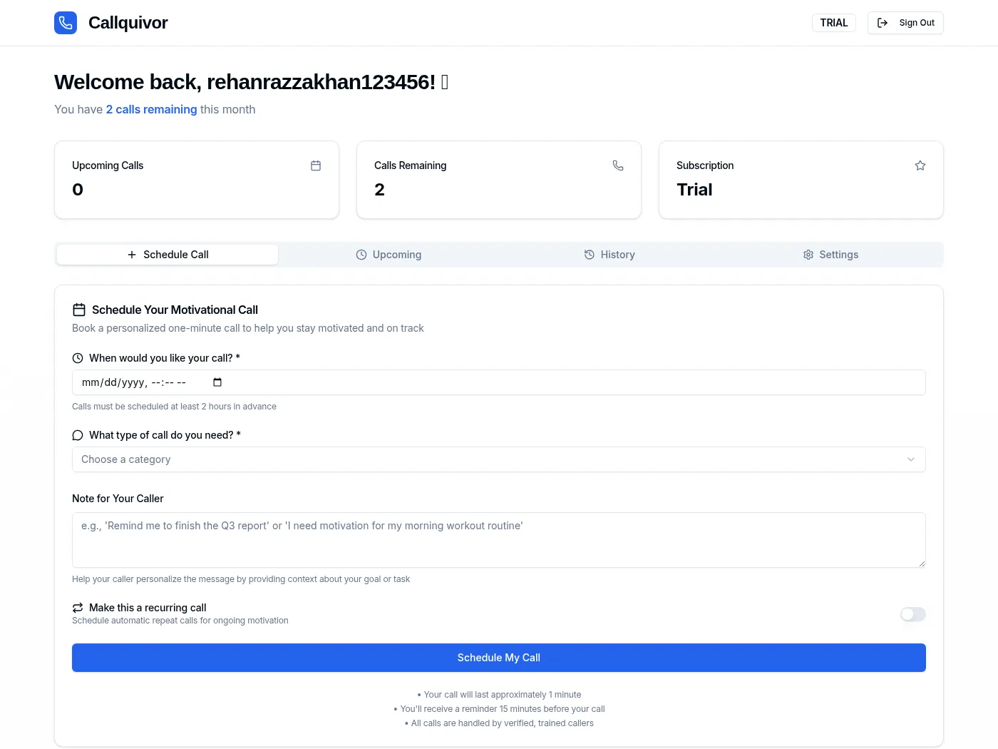 Callquivor: Human-Powered Motivational Call & Reminder Platform