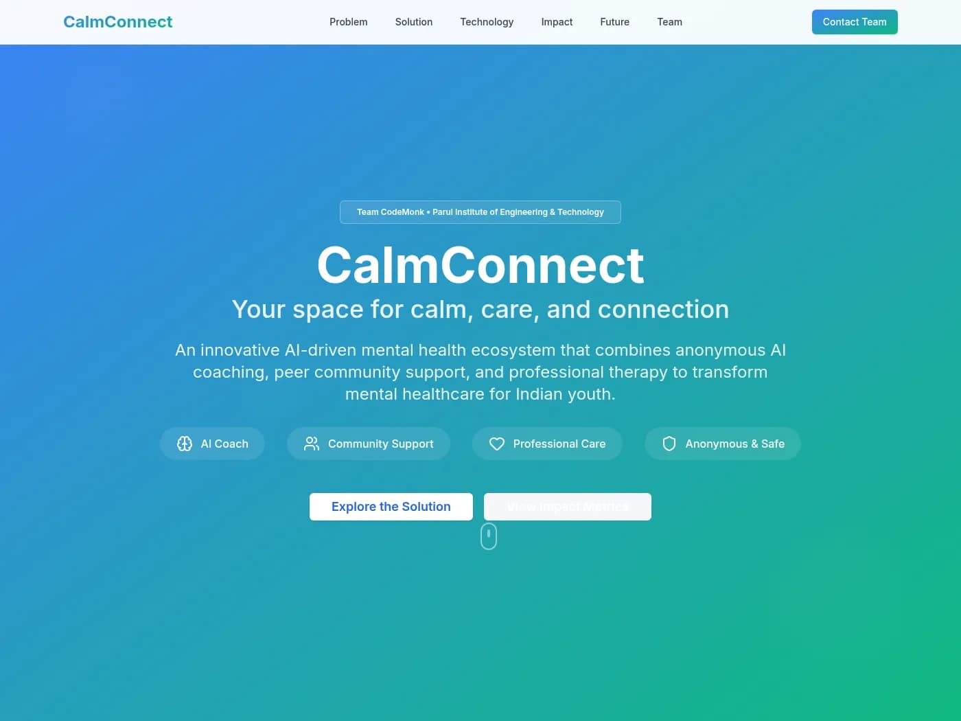 CalmConnect: AI-Powered Mental Health Ecosystem by Team CodeMonk