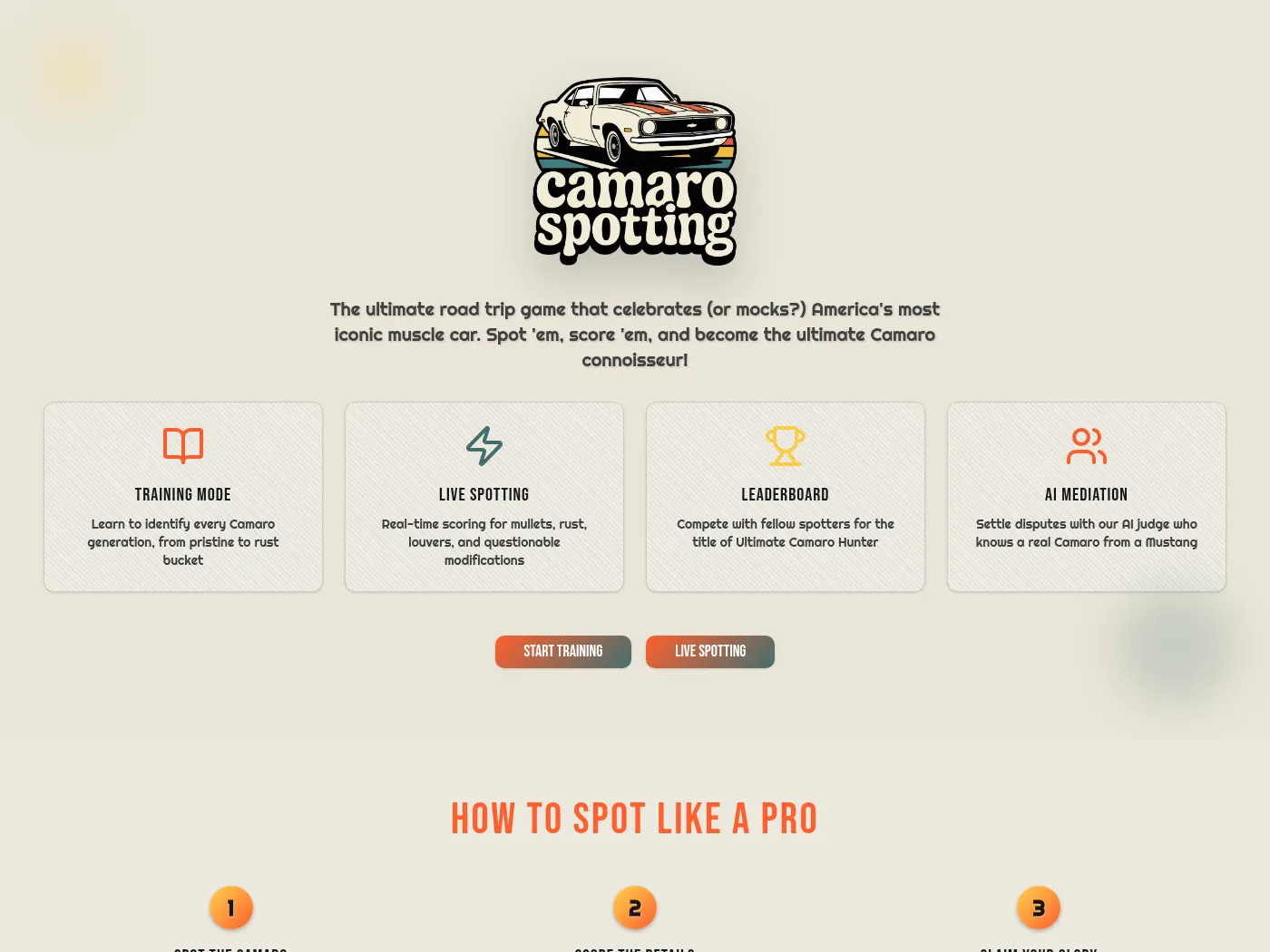 Camaro Spotting: Vintage Road Trip Game & Training App