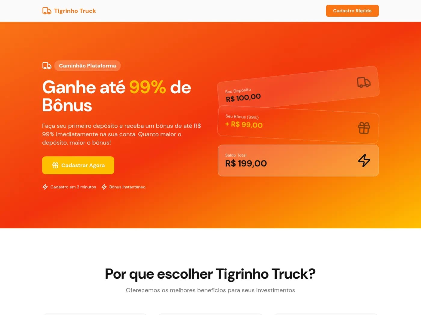 Caminhão Plataforma do Tigrinho - Cashback no Primeiro Depósito