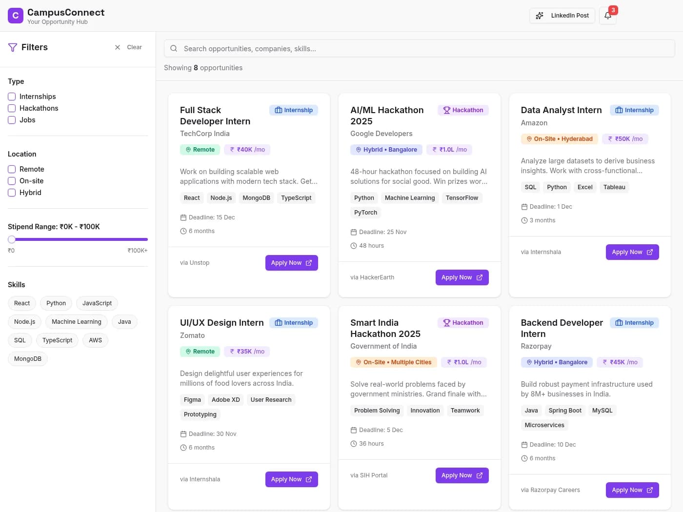 CampusConnect – Unified Student Opportunity Aggregator Dashboard