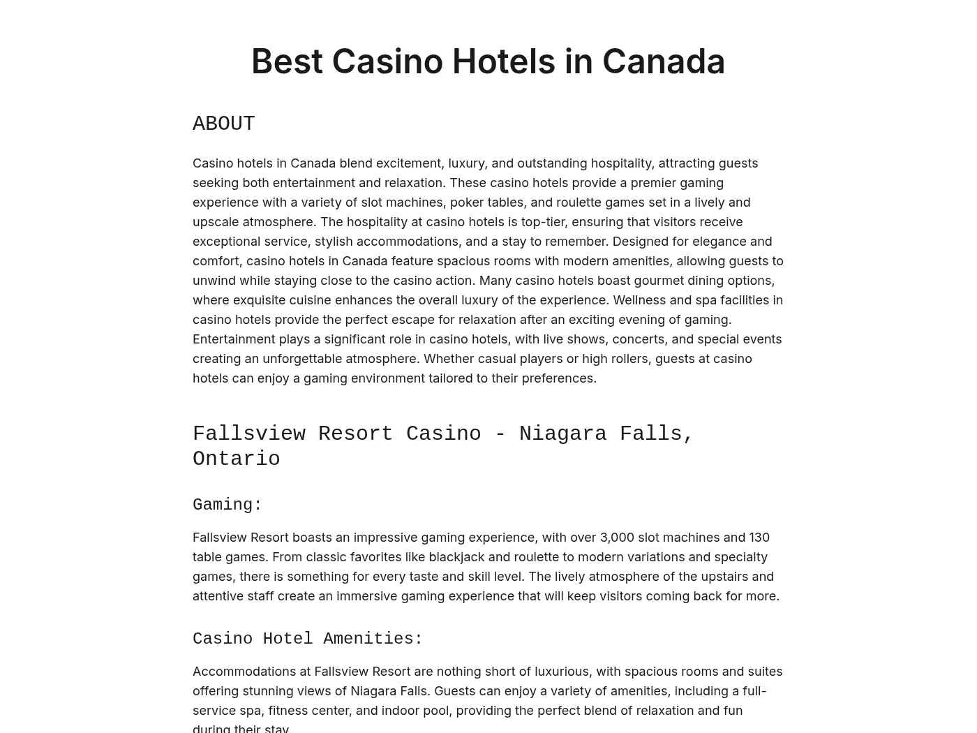 Canada Casino Hotels Informational Landing Page
