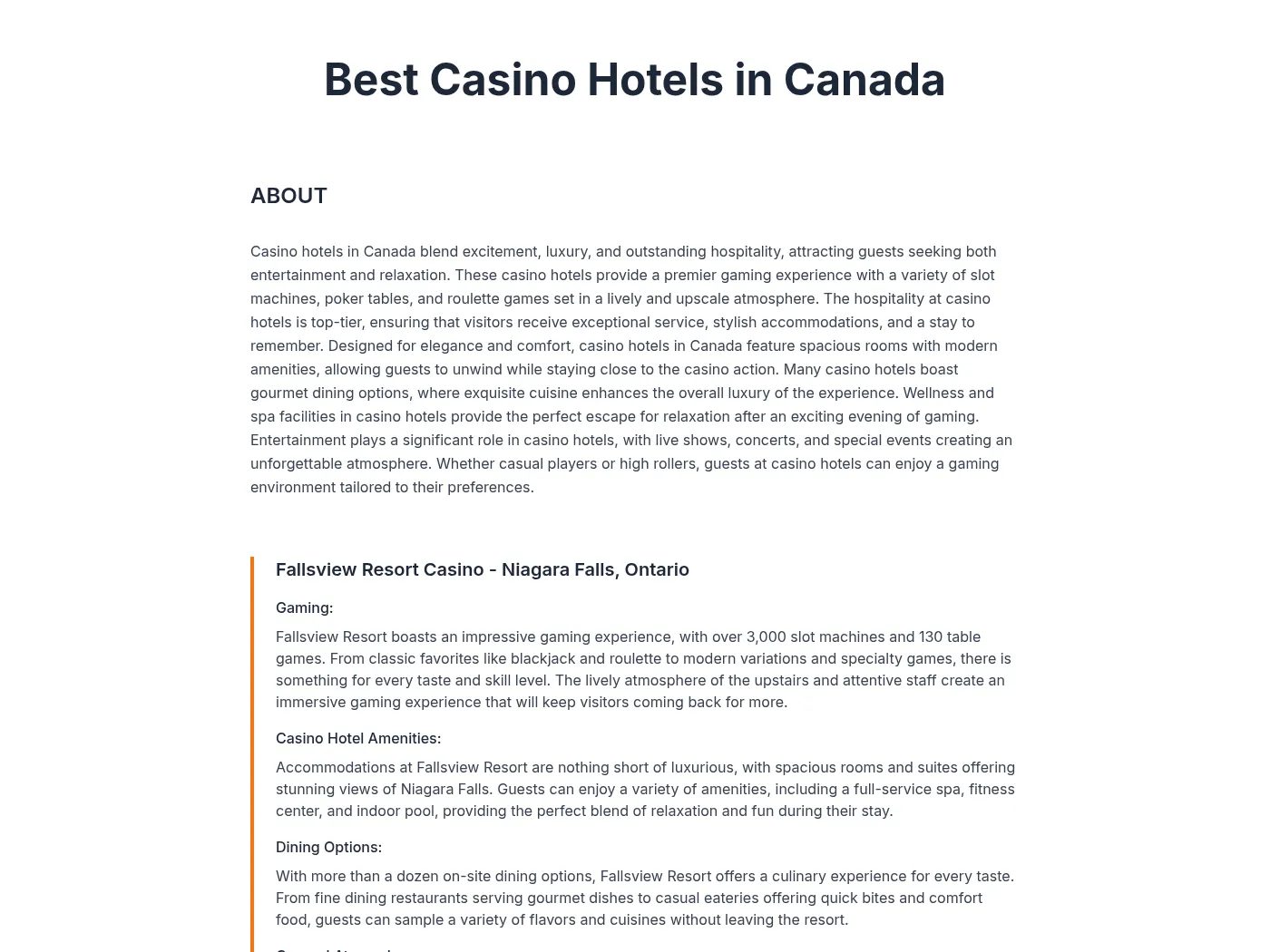 Canada Casino Hotels Landing Page
