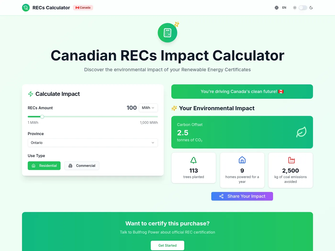 Canadian RECs Impact Calculator Web App