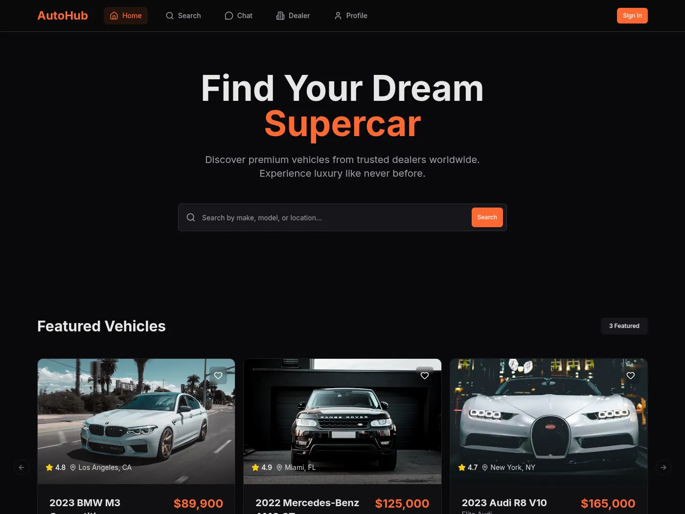 Dark Mode Car Marketplace Aggregator (Flutter Design Spec)