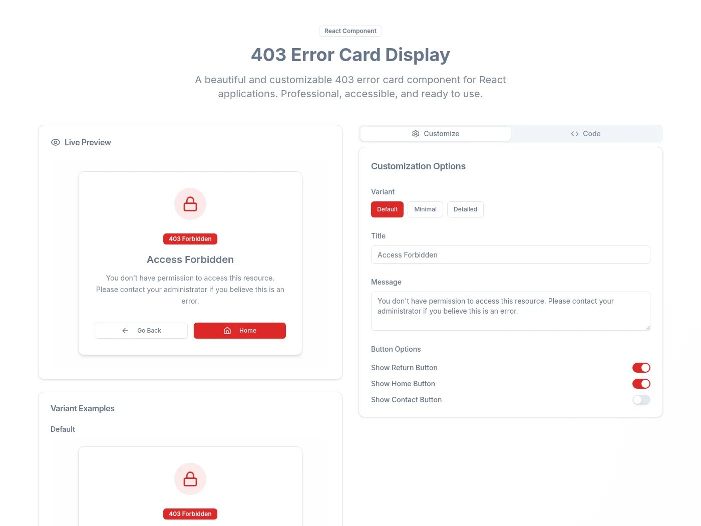 403 Error Card Display
