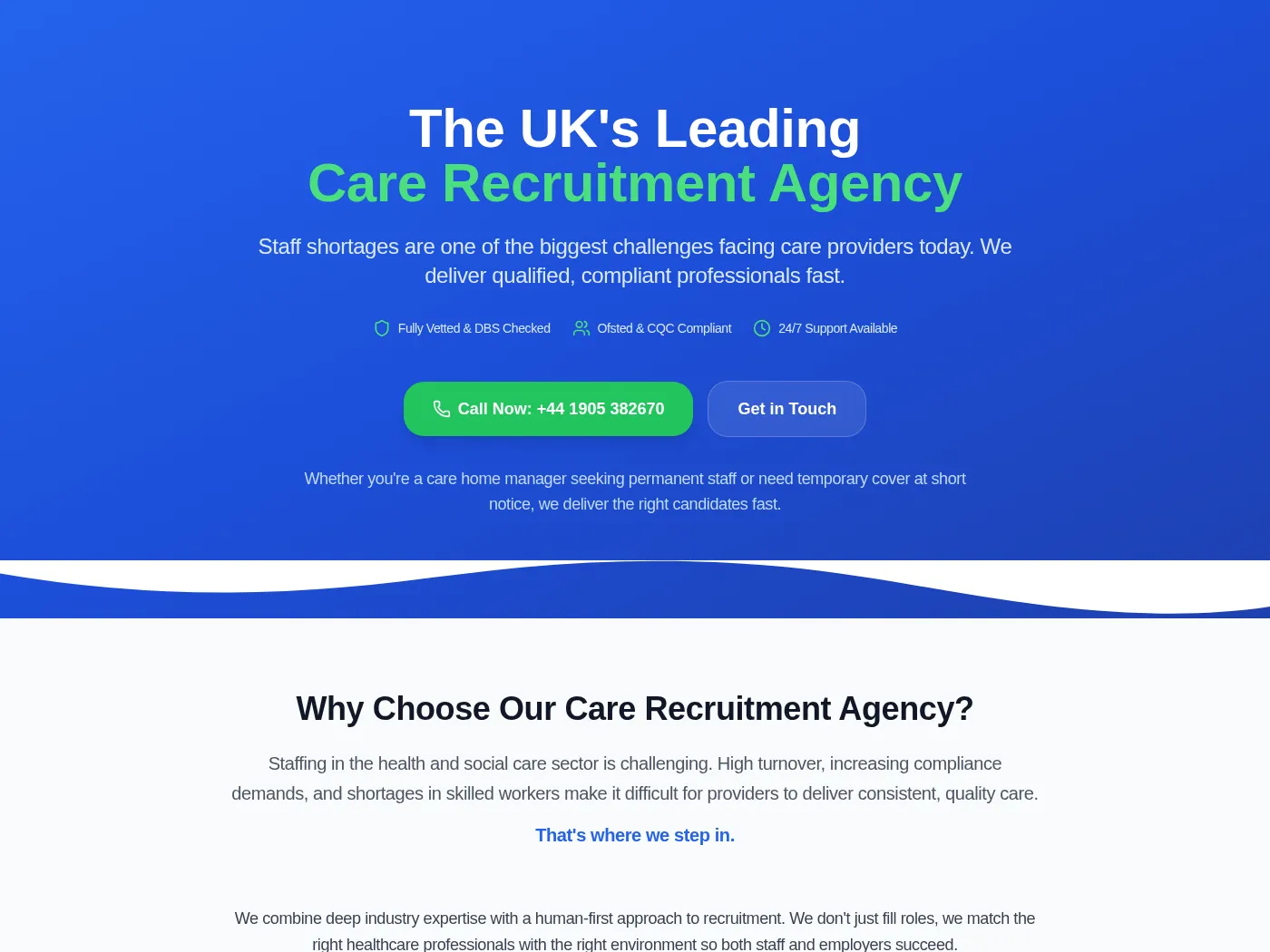 Care2Recruit: Modern Landing Page for UK Care Recruitment Agency