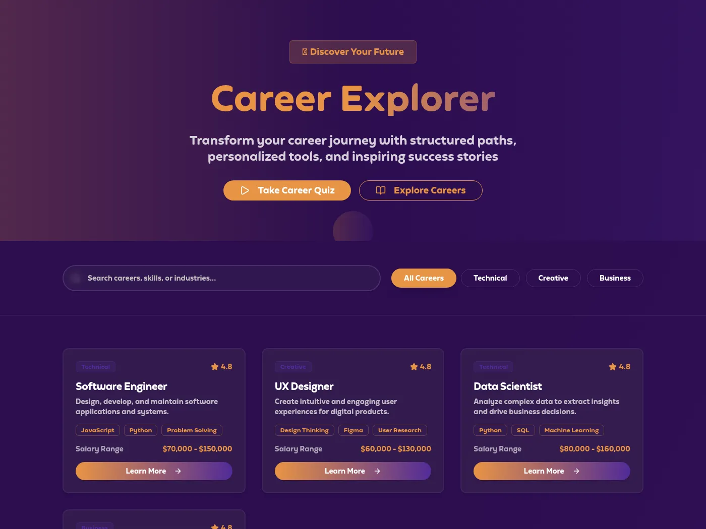 Career Explorer Web Page with Funky UI/UX and Personalized Tools