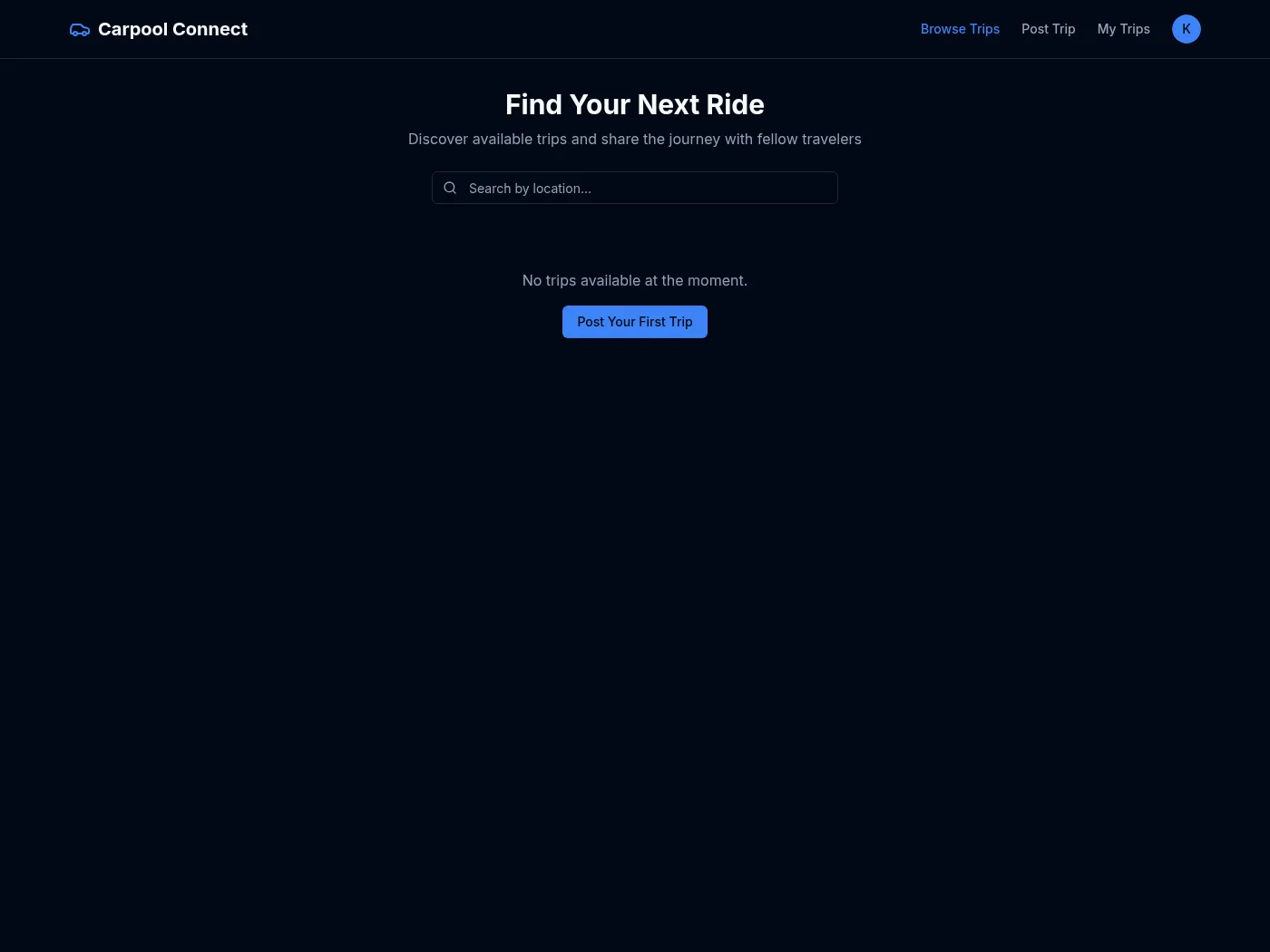 Carpool Connect: Dark-Themed Ride Sharing Platform