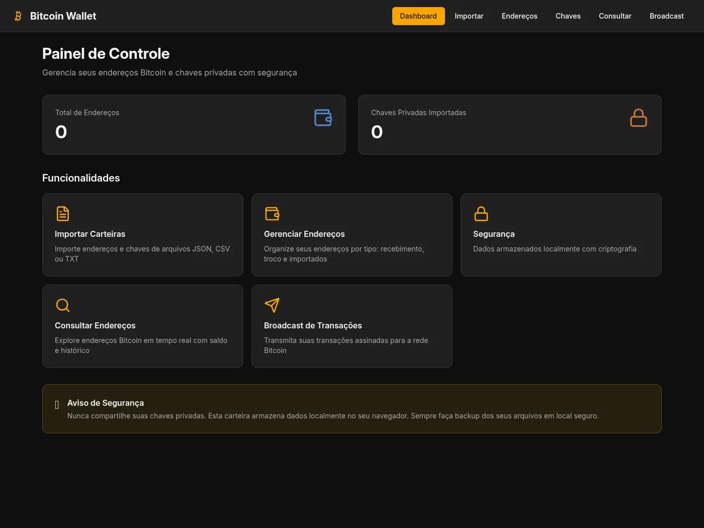 Carteira Bitcoin com Importação de Endereços e Chaves Privadas