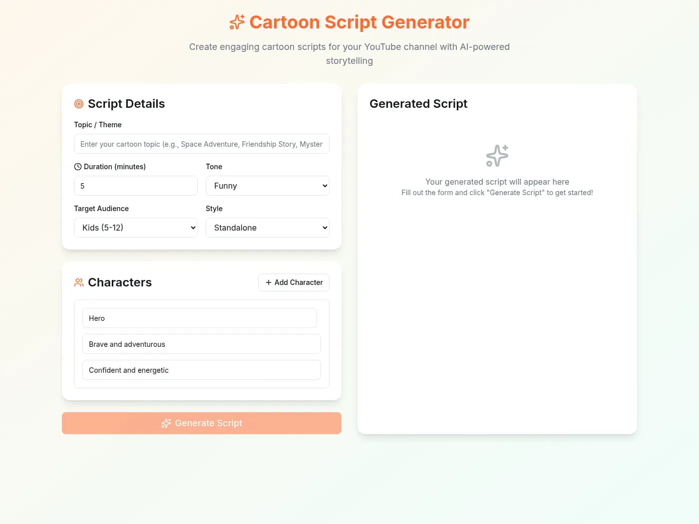 Cartoon YouTube Script Generator