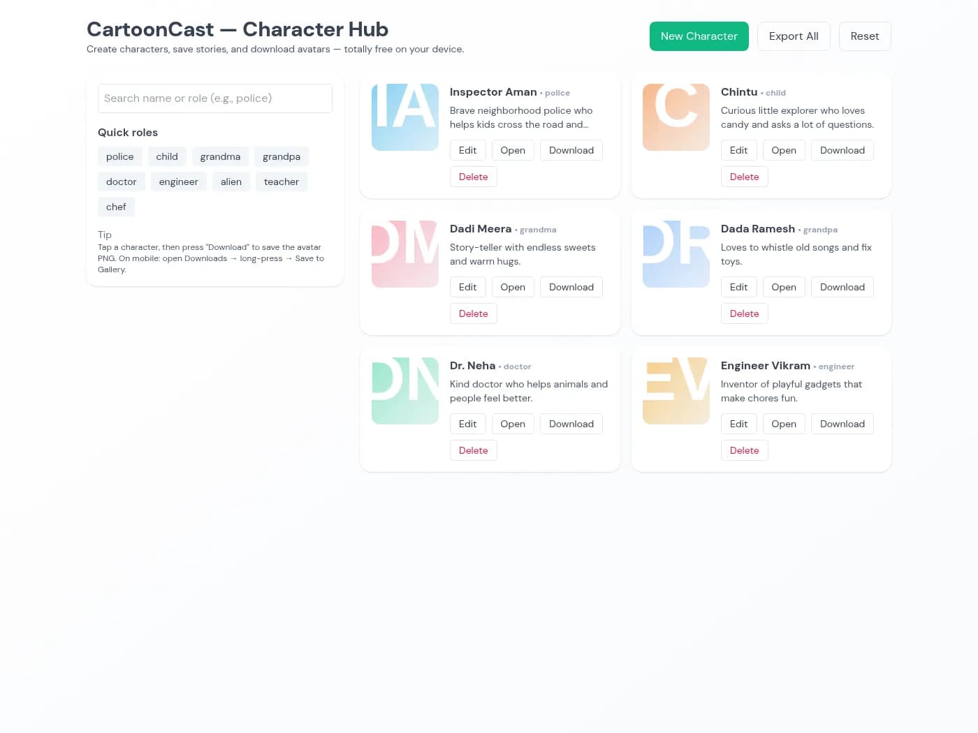 CartoonCast – Character Creation and Avatar Download App