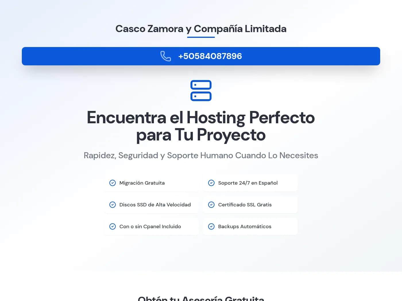 Landing Page para Casco Zamora y Compañía Limitada: Leads de Hosting, VPS y Correo Empresarial