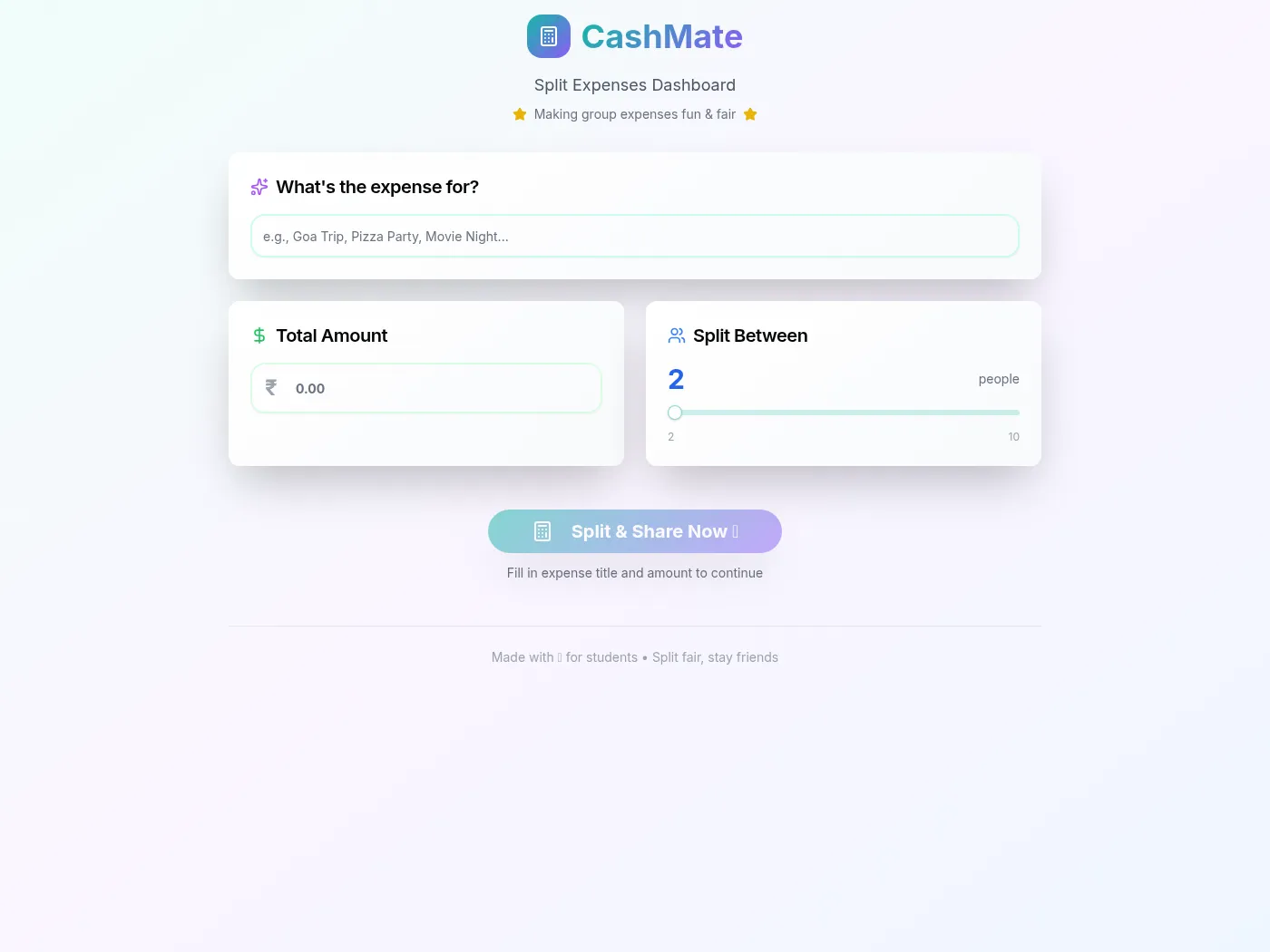 CashMate Split Expenses Dashboard