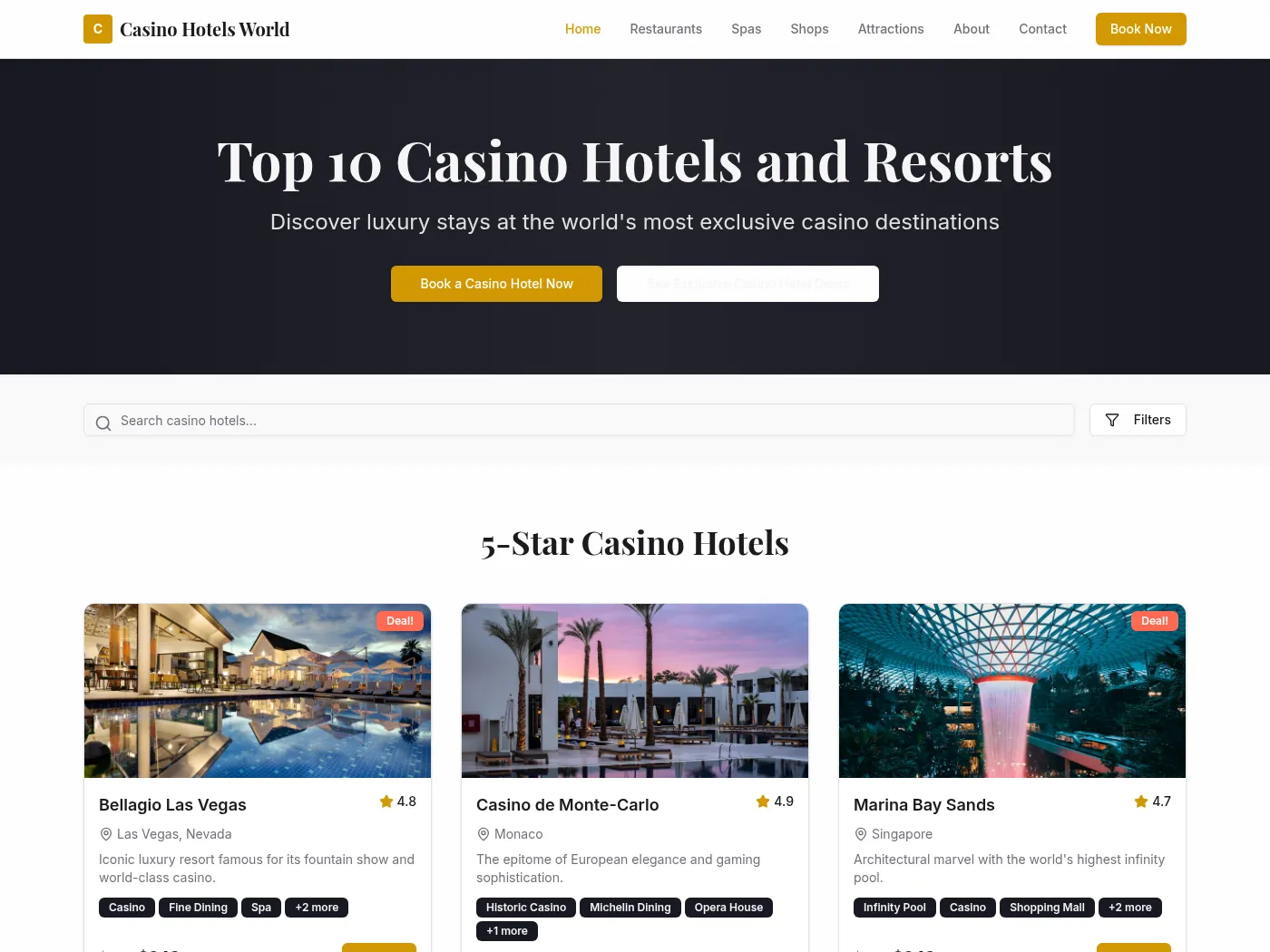 Casino Hotels World – Responsive Front-End Tourism Website