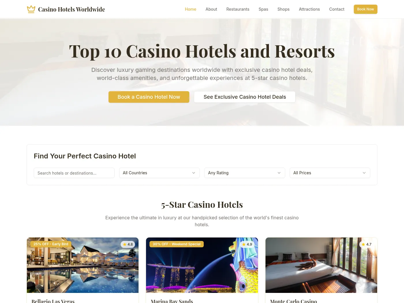 Casino Hotels Worldwide – Responsive, SEO-Optimized Front-End for Luxury Casino Resorts