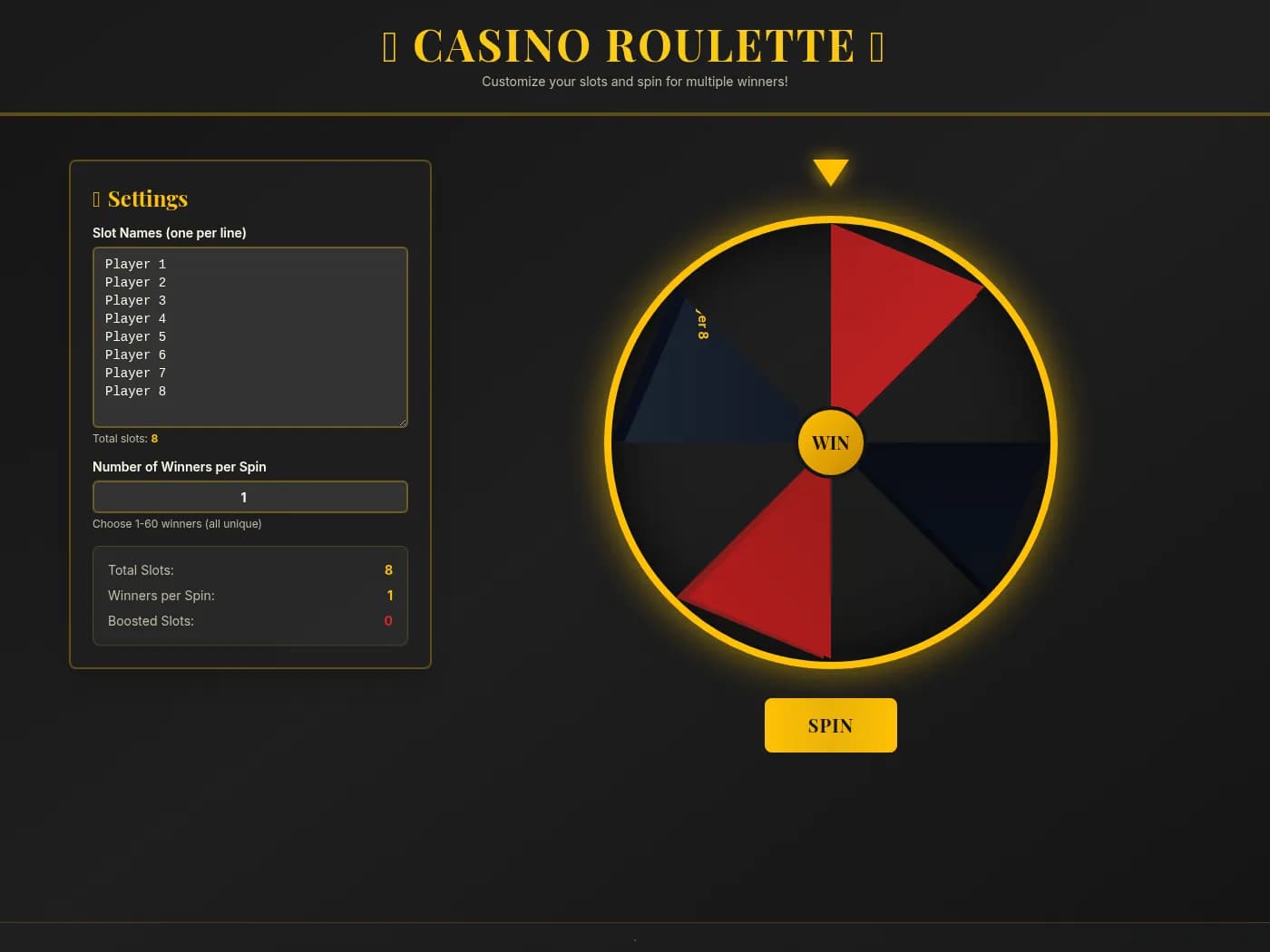 Customizable Casino-Style Roulette with Random Winners & Secret Odds Editor