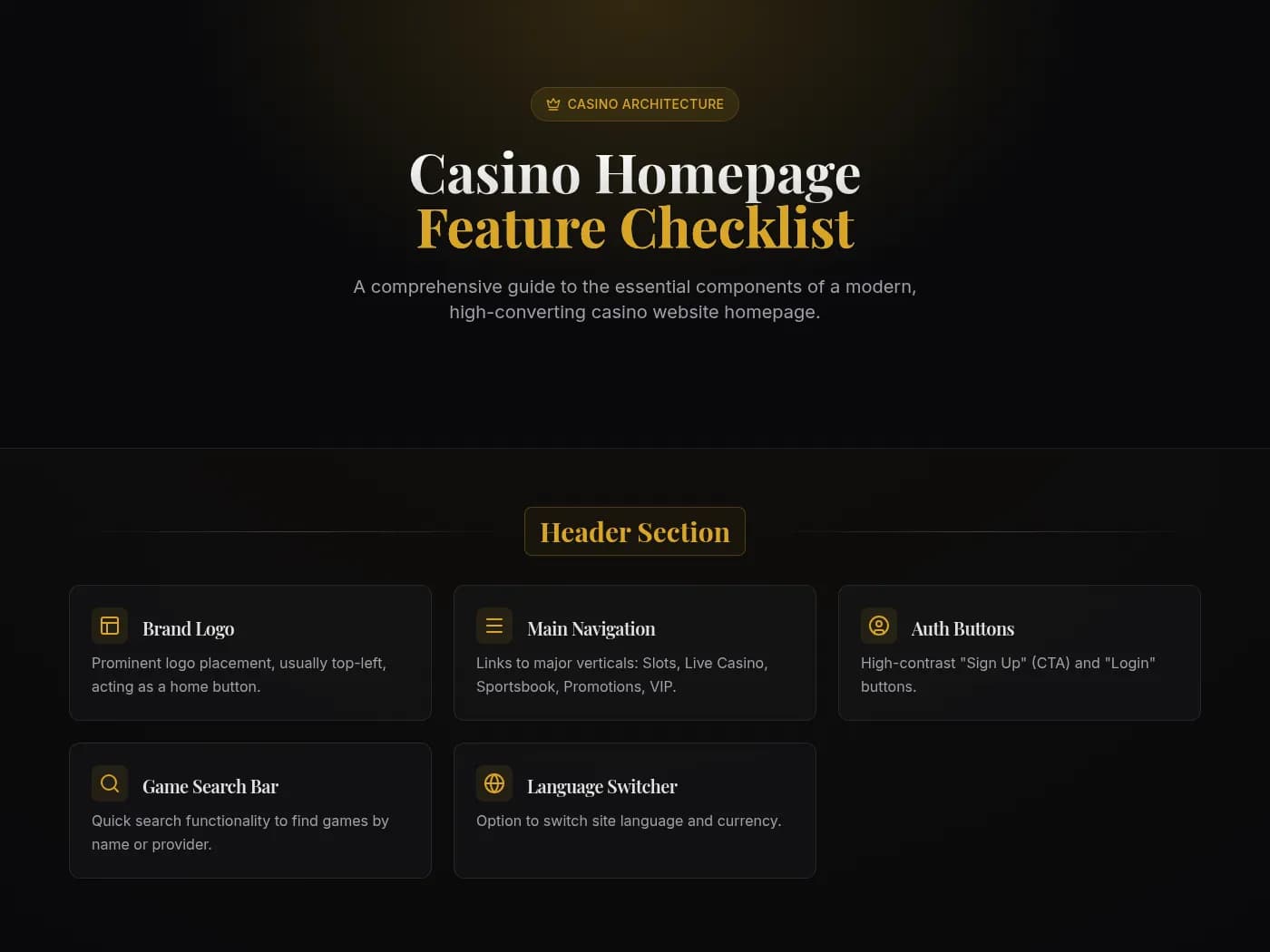 Casino Website Homepage Features List