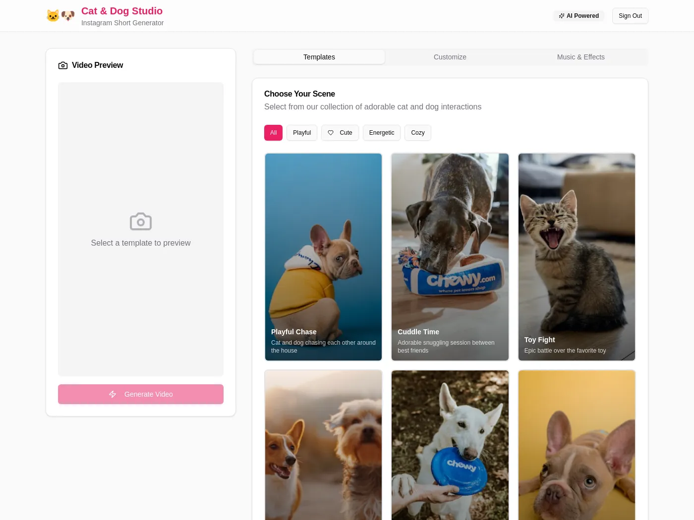 Cat and Dog Playtime Instagram Short Generator
