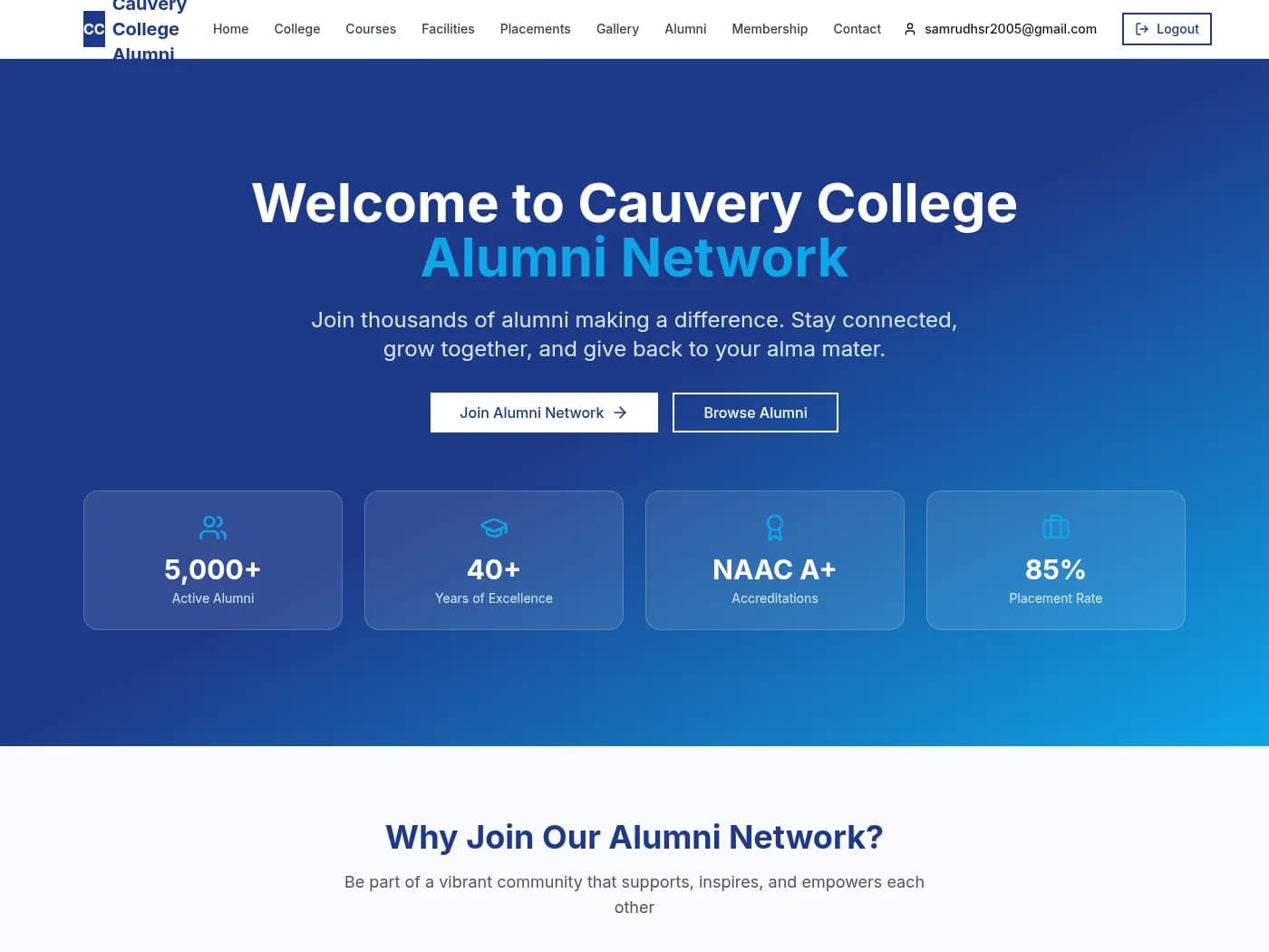 Cauvery College Gonikoppal Alumni Full-Stack Web App