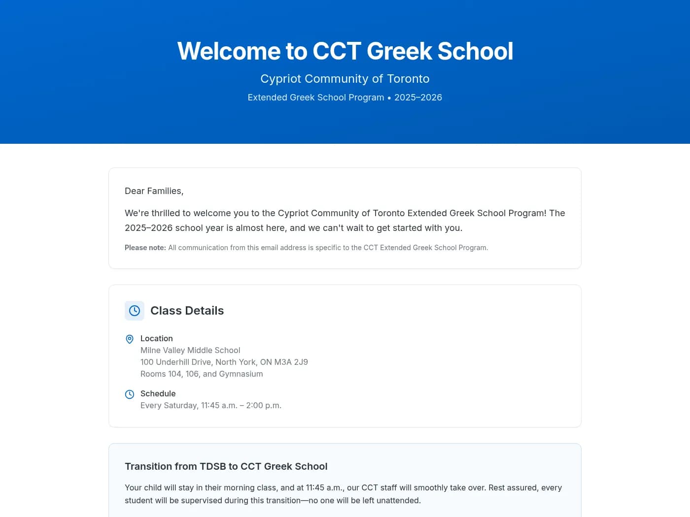 Cypriot Community of Toronto Greek School Welcome Portal