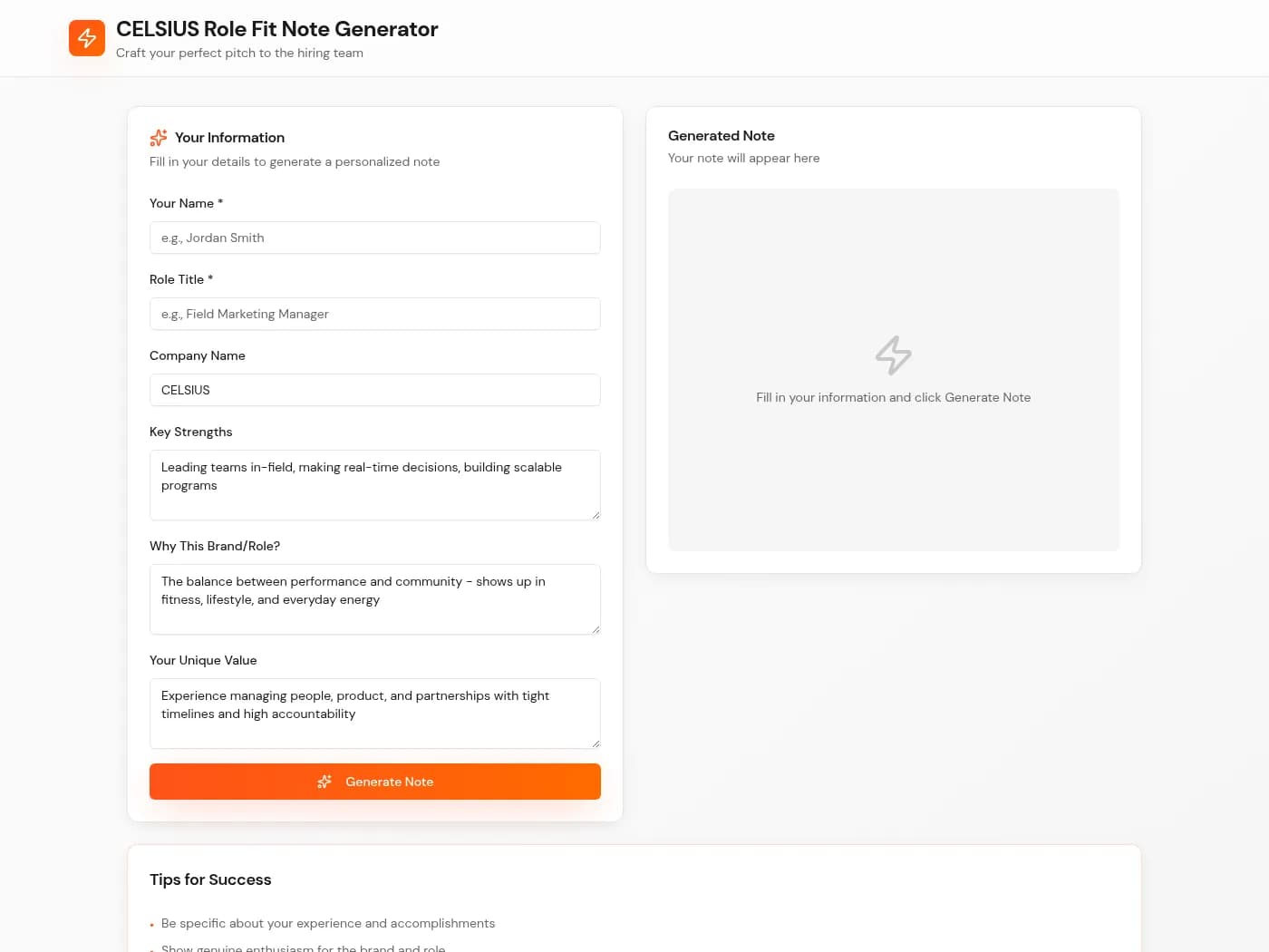 CELSIUS Role Fit Note Generator