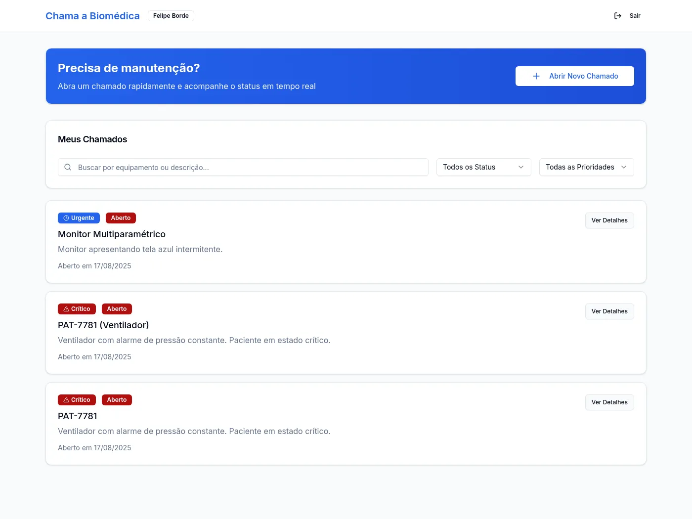 Chama a Biomédica: Webapp de Gestão de Chamados Hospitalares