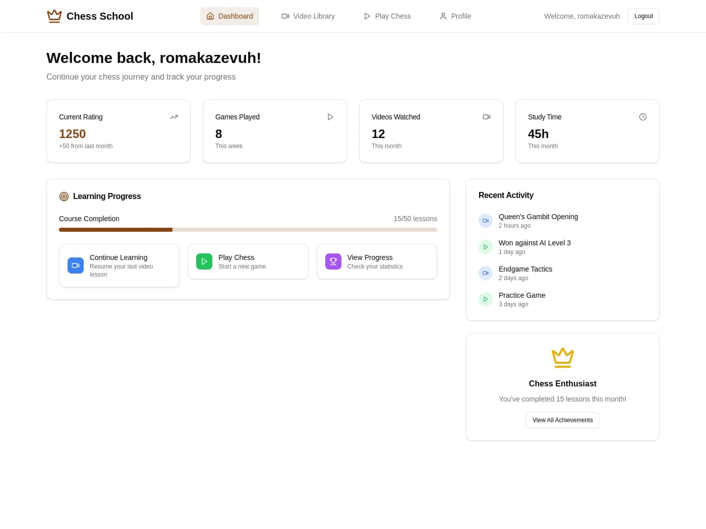 Chess School Web App with Video Library and Personal Account